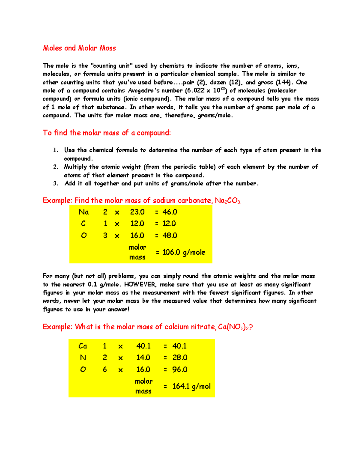 Molar Mass Guide - Moles and Molar Mass The mole is the "counting unit ...