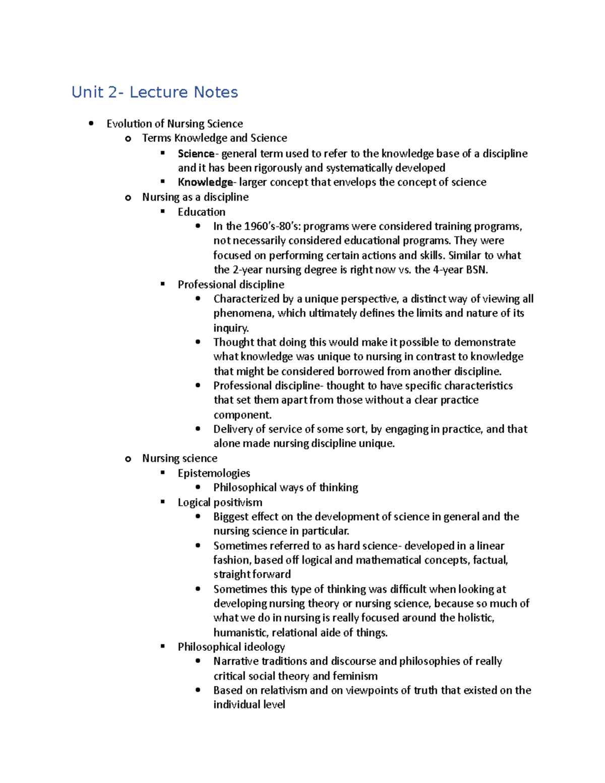 Unit 2 lecture notes: History of Nursing Knowledge and Science - Unit 2 ...