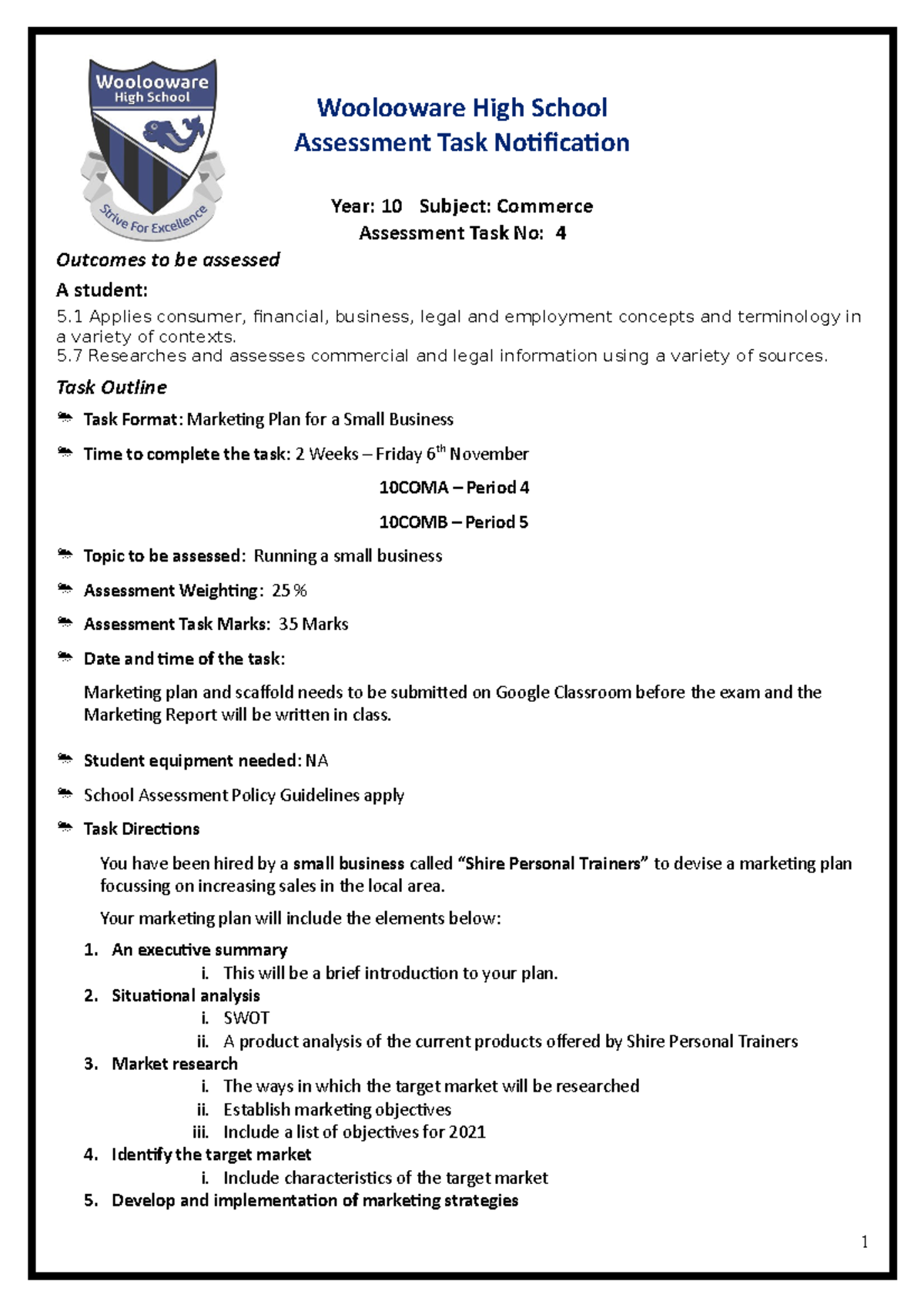 2020 Commerce Marketing Plan Assessment Task - Woolooware High School ...