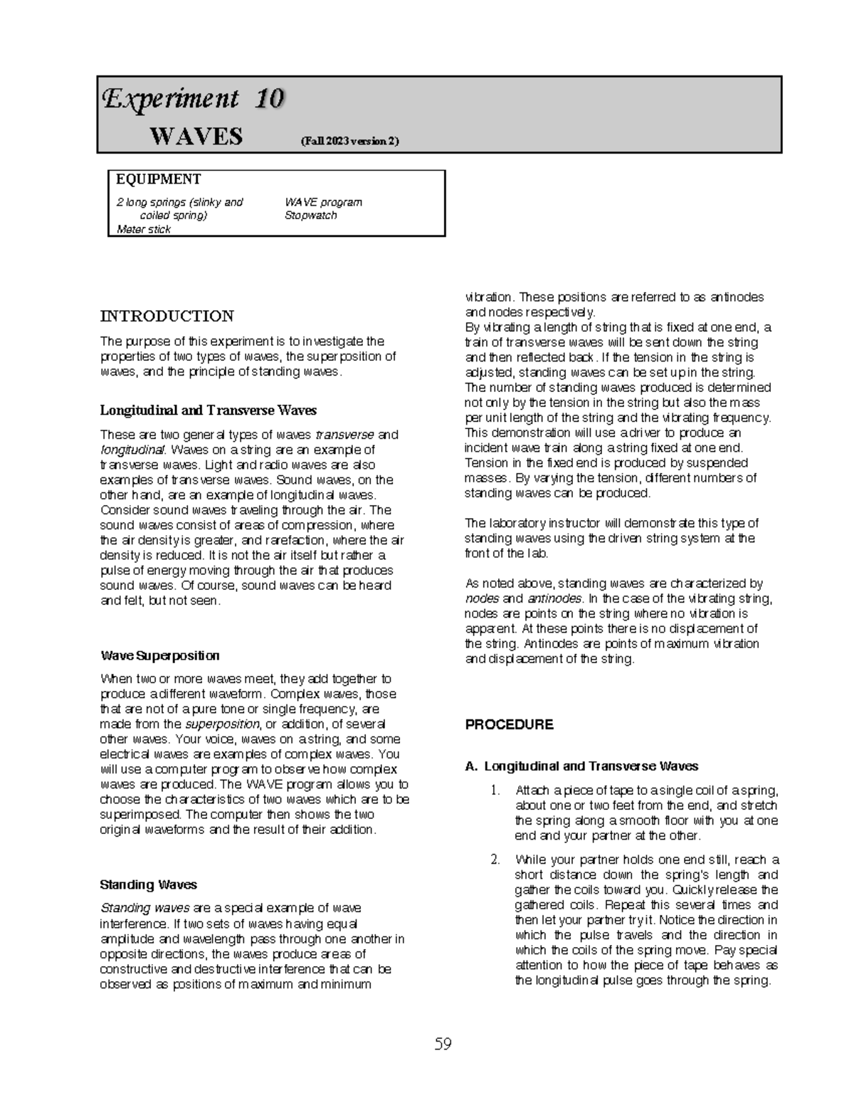 Physics 107 experiment 10 waves - 59 Experiment 10 WAVES (Fall 2023 version 2) EQUIPMENT 2 long ...
