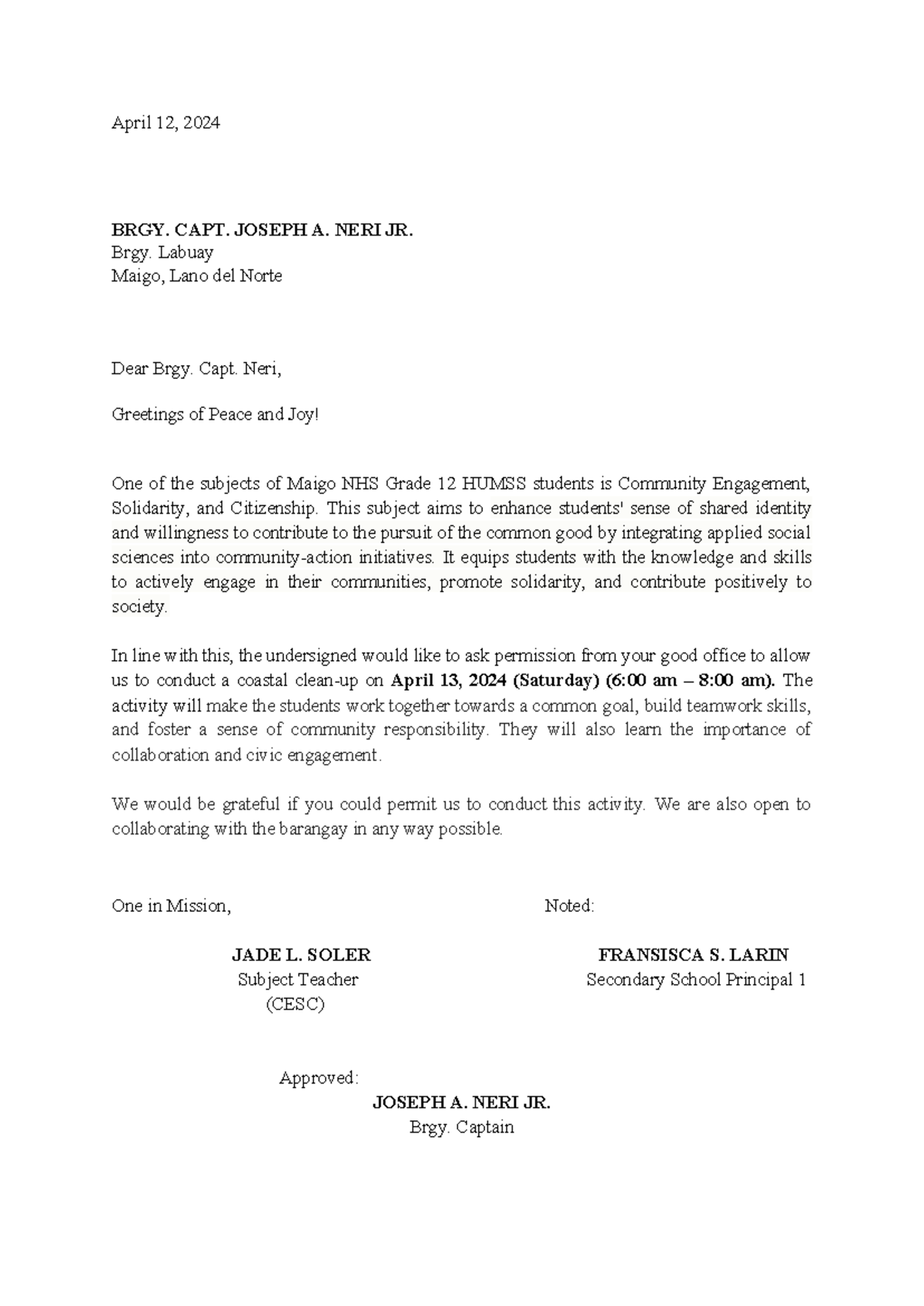 Community Extension - April 12, 2024 BRGY. CAPT. JOSEPH A. NERI JR ...