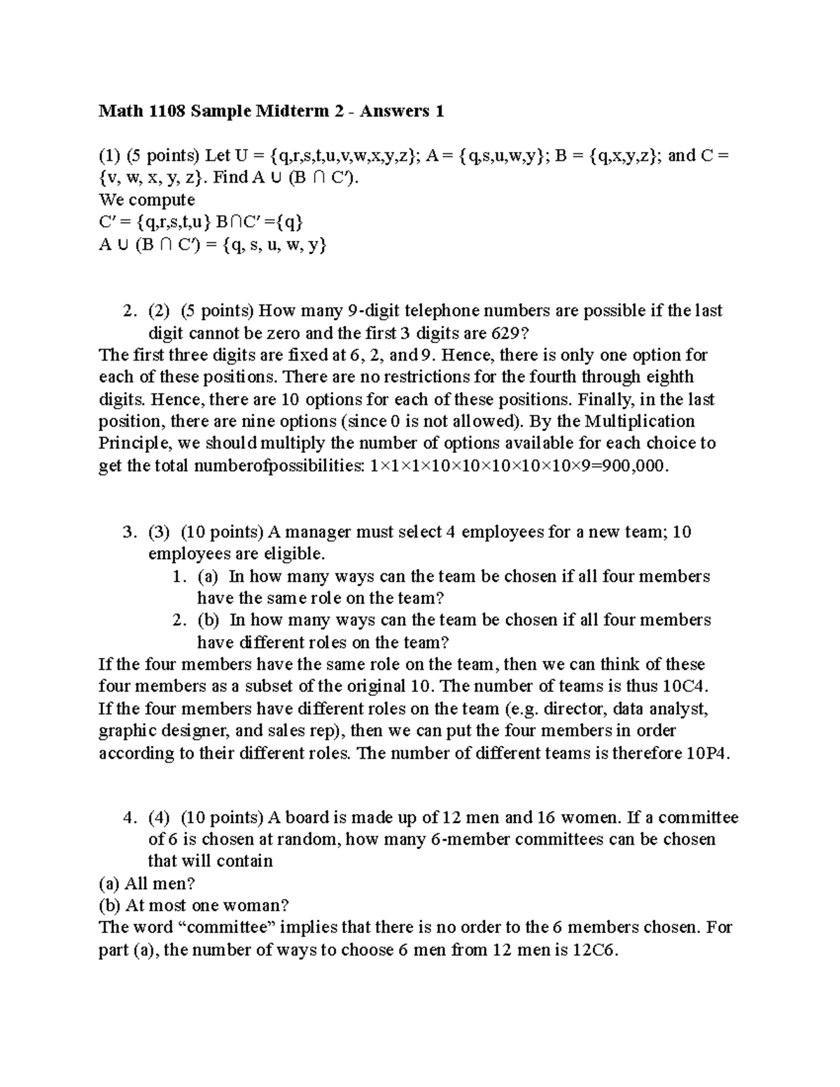 Math 1108 Sample Midterm 2 - Answers 1 - Math 1108 Sample Midterm 2 ... Math 1108 Sample Midterm 2 - Answers 1 - Math 1108 Sample Midterm 2 ...
