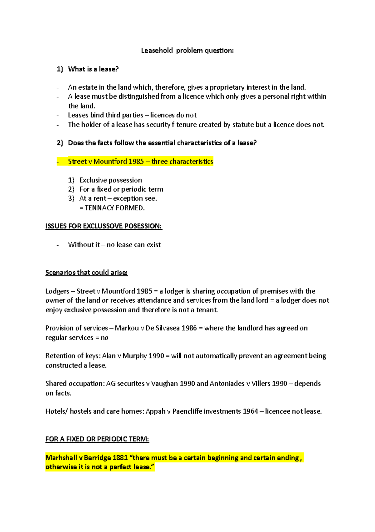 Leasehold problem question - A lease must be distinguished from a ...