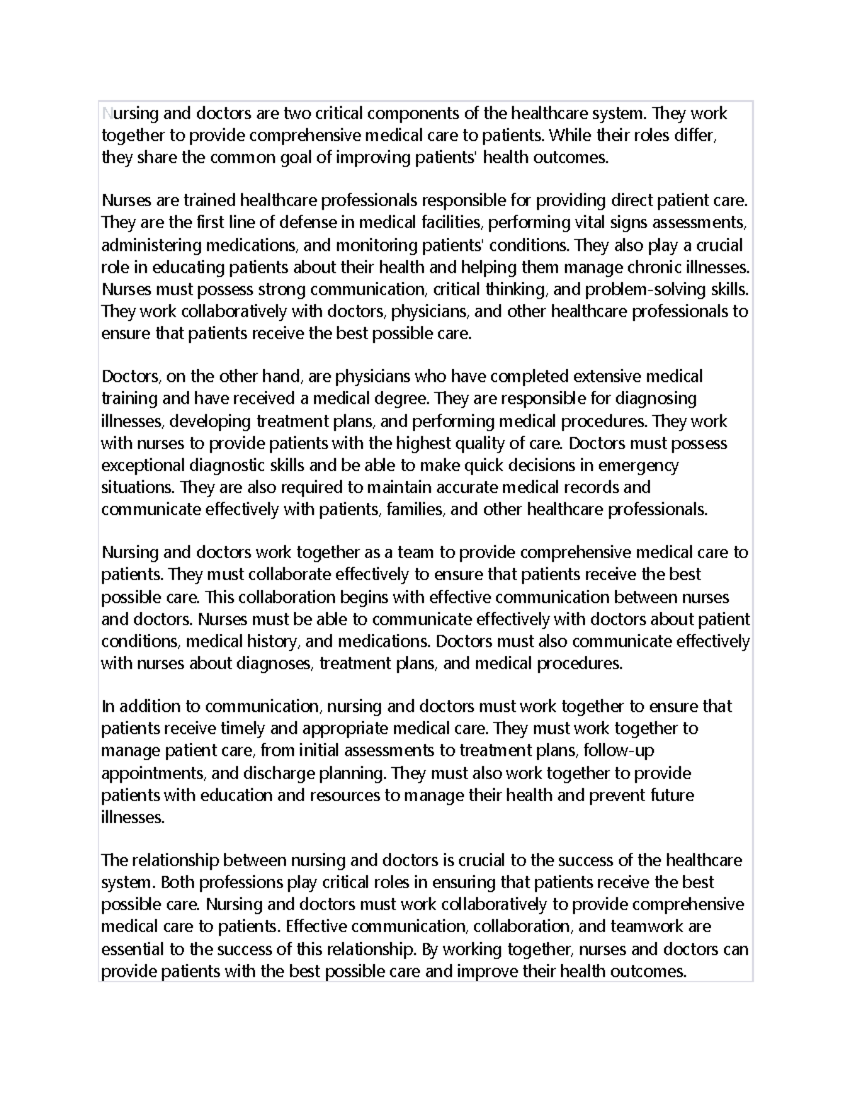 Doc2 - In class assignment - Nursing and doctors are two critical ...