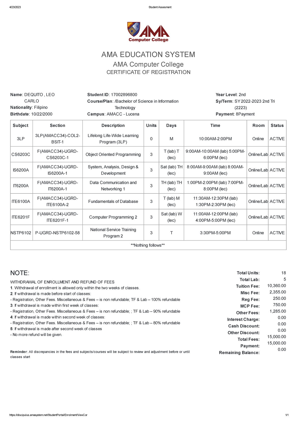 Student Assesment - i enrolles in AMA college - 4/23/2023 Student Assesment - Studocu