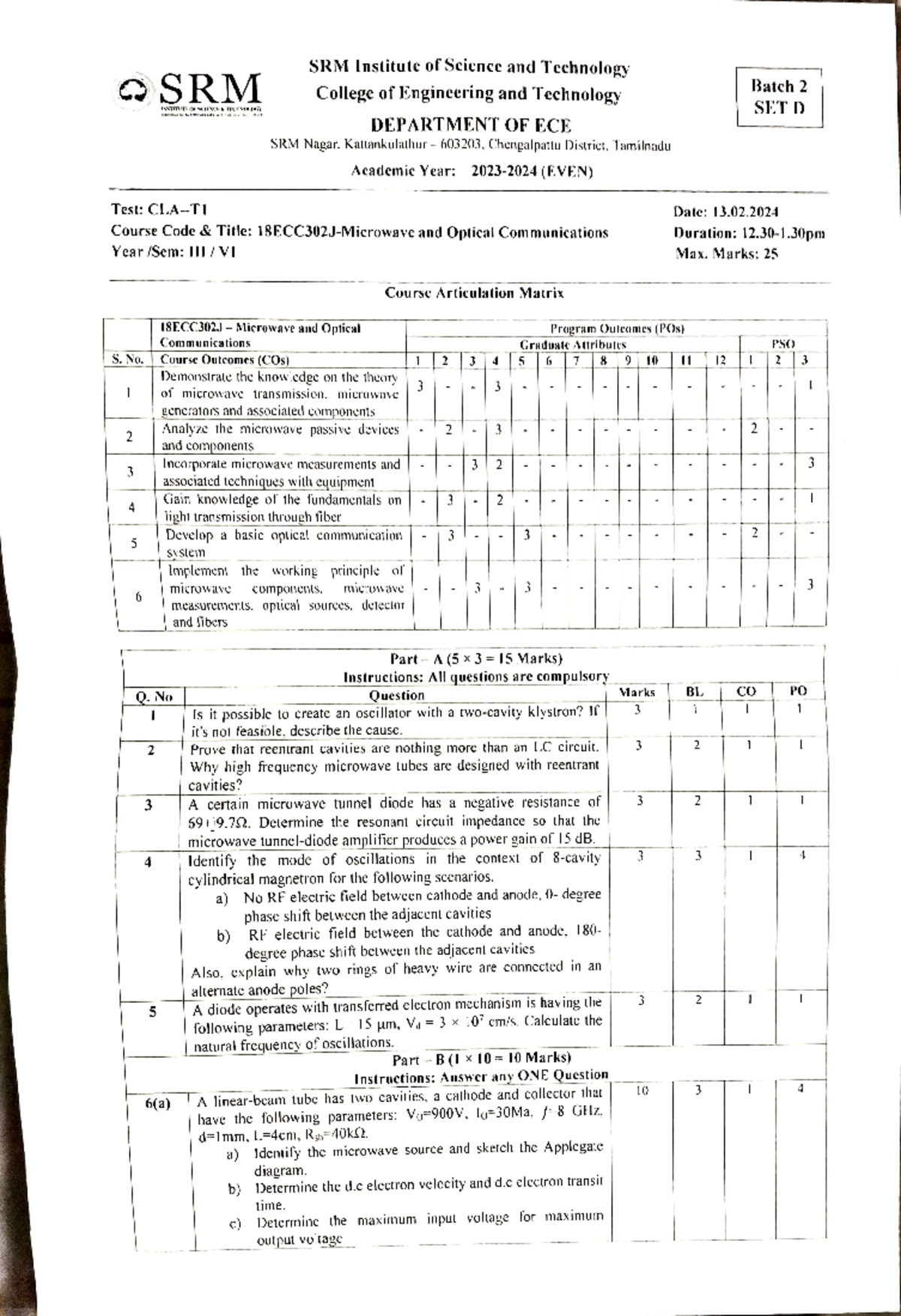 Ct1 2023 2024 Set D Batch 2 Test Cla Ti S No 2 Course Code Title