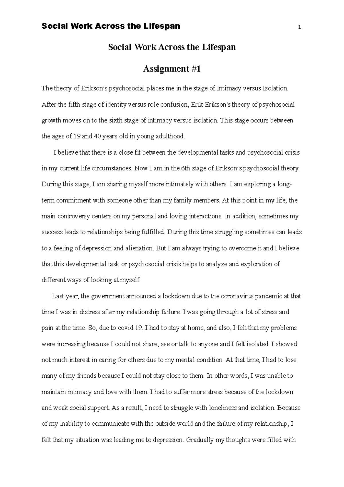 Assignment #1 - Social Work Across the Lifespan 1 Social Work Across ...