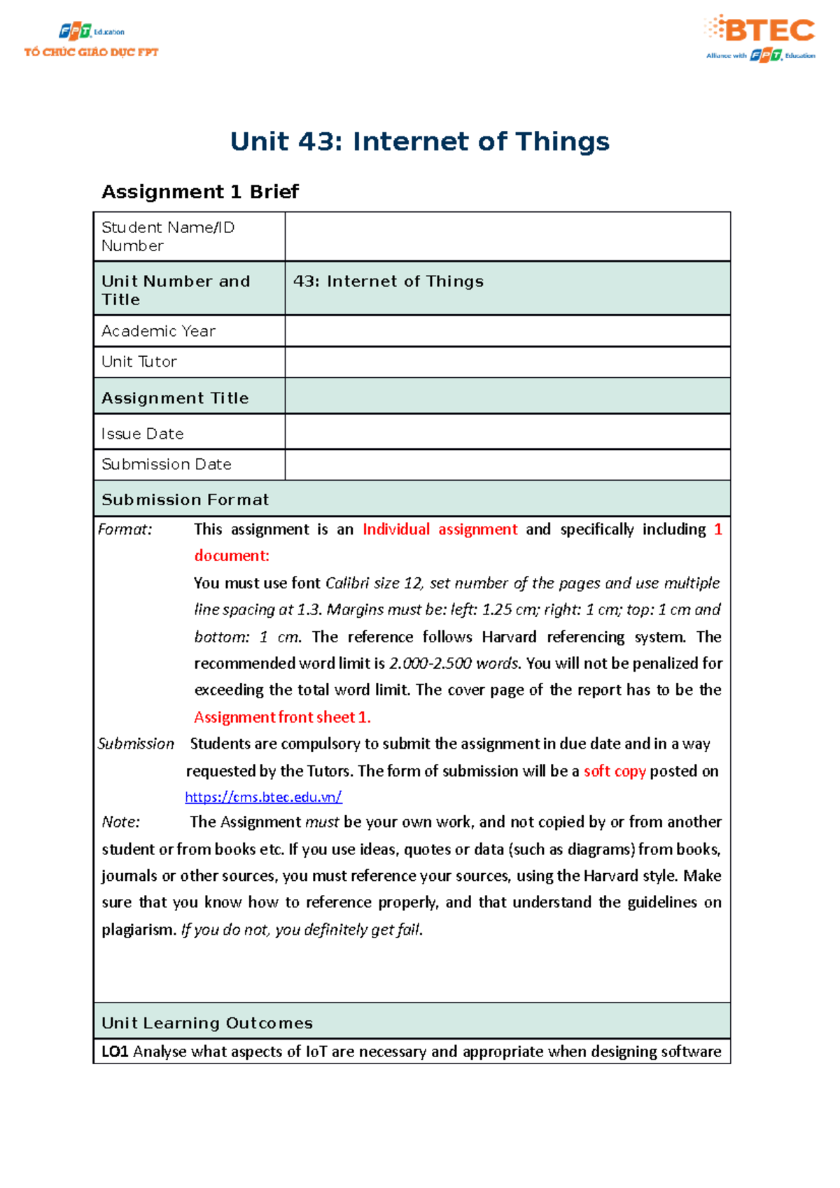 43 Io T Assignment-1-Brief - Unit 43: Internet of Things Assignment 1 Brief Student Name/ID ...