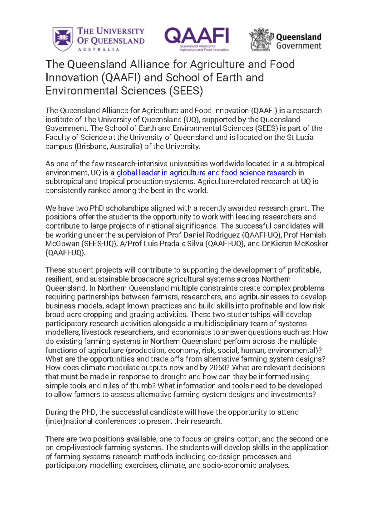 Funded Ph D project opportun - The Queensland Alliance for Agriculture ...