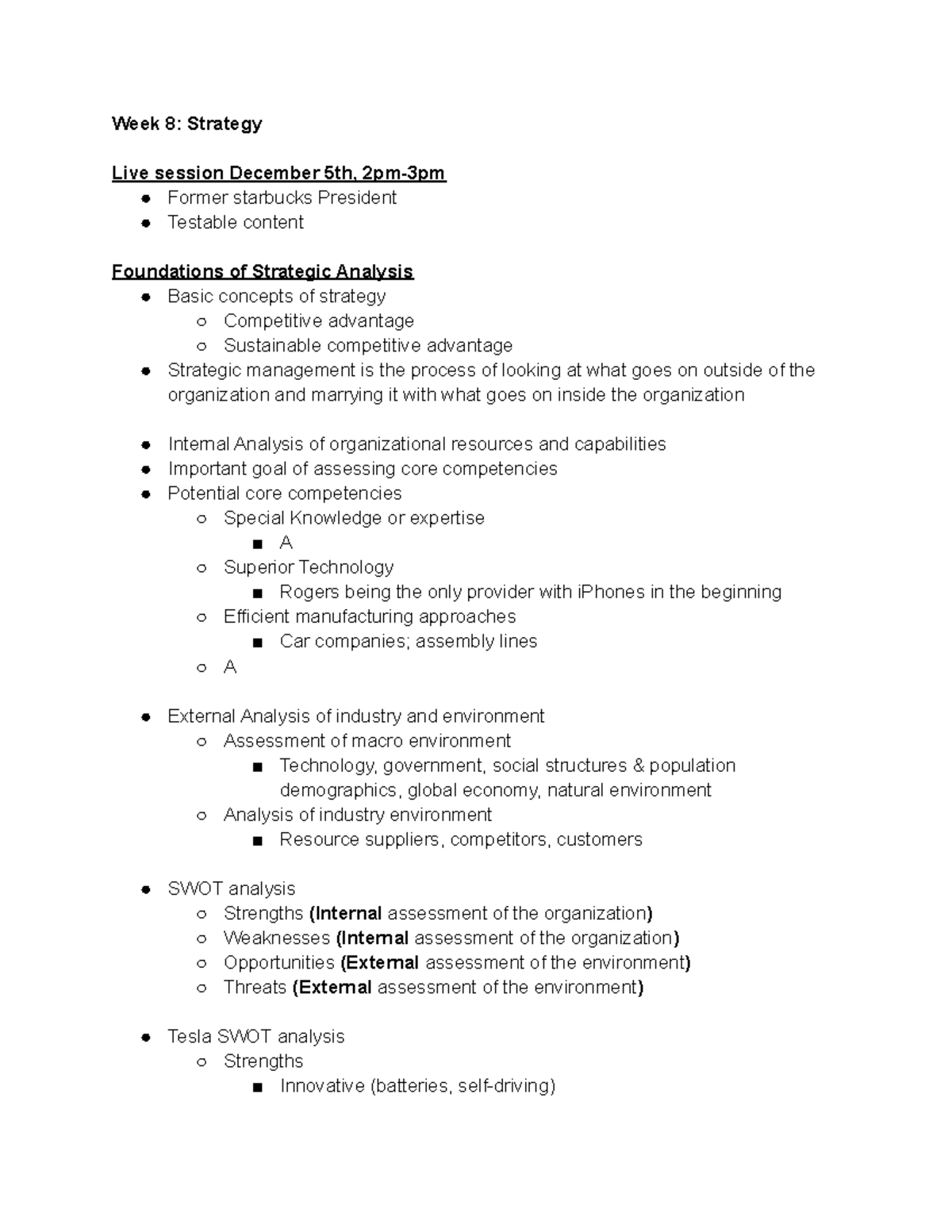 Management Class Notes - Week 8 - Week 8: Strategy Live session ...