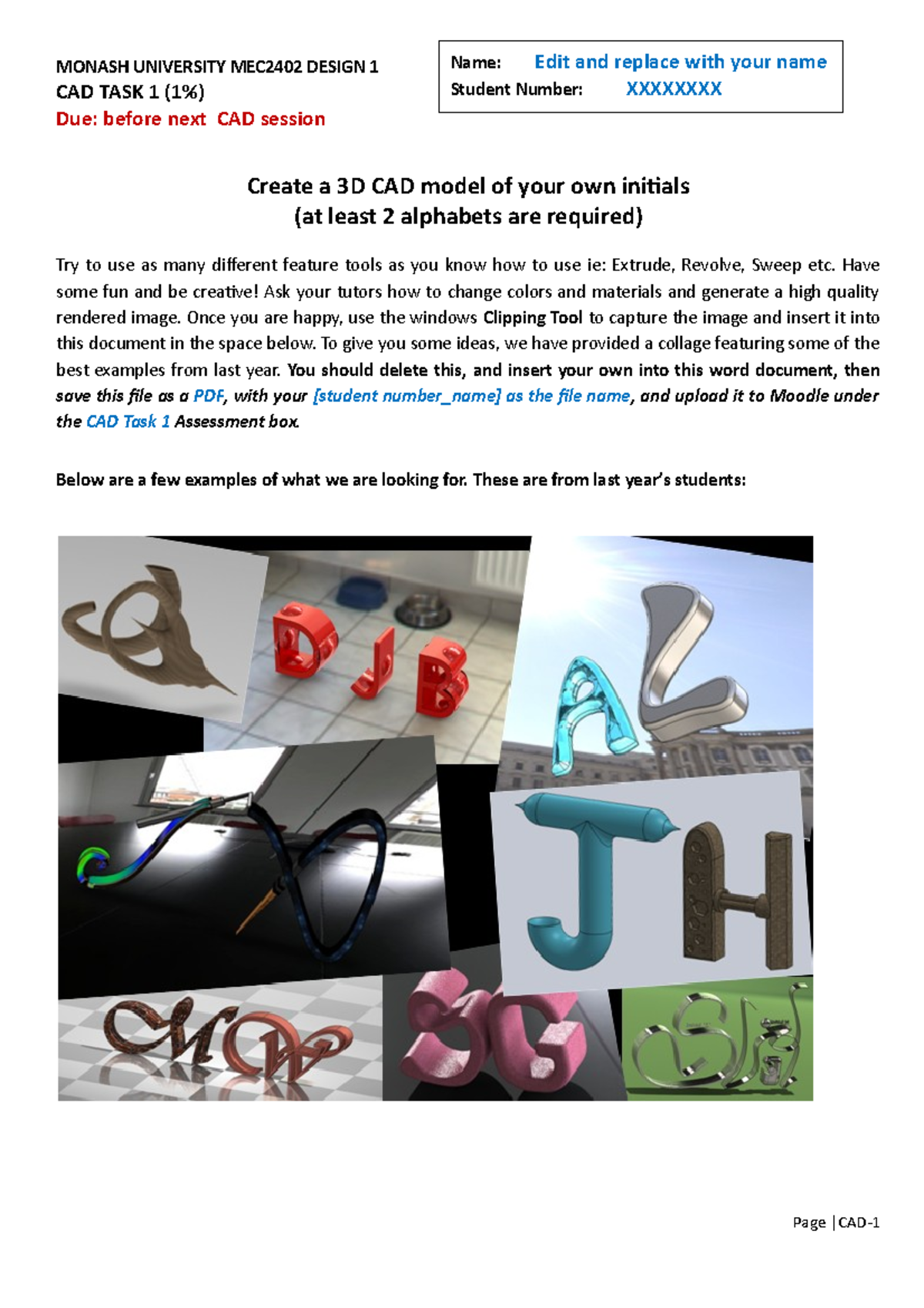 Cadtask 1 - Model your Initials - W1 - Name: Edit and replace with your ...