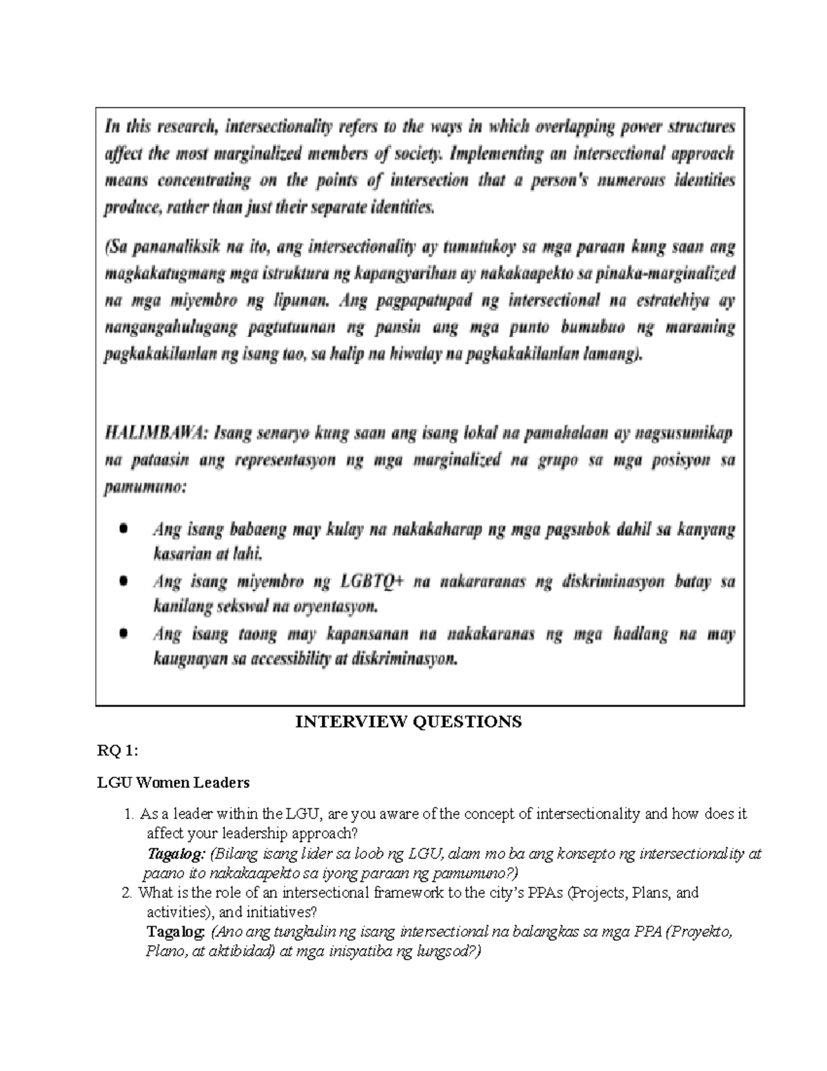 LGU Questionnaires - nice - INTERVIEW QUESTIONS RQ 1: LGU Women Leaders 1. As a leader within ...