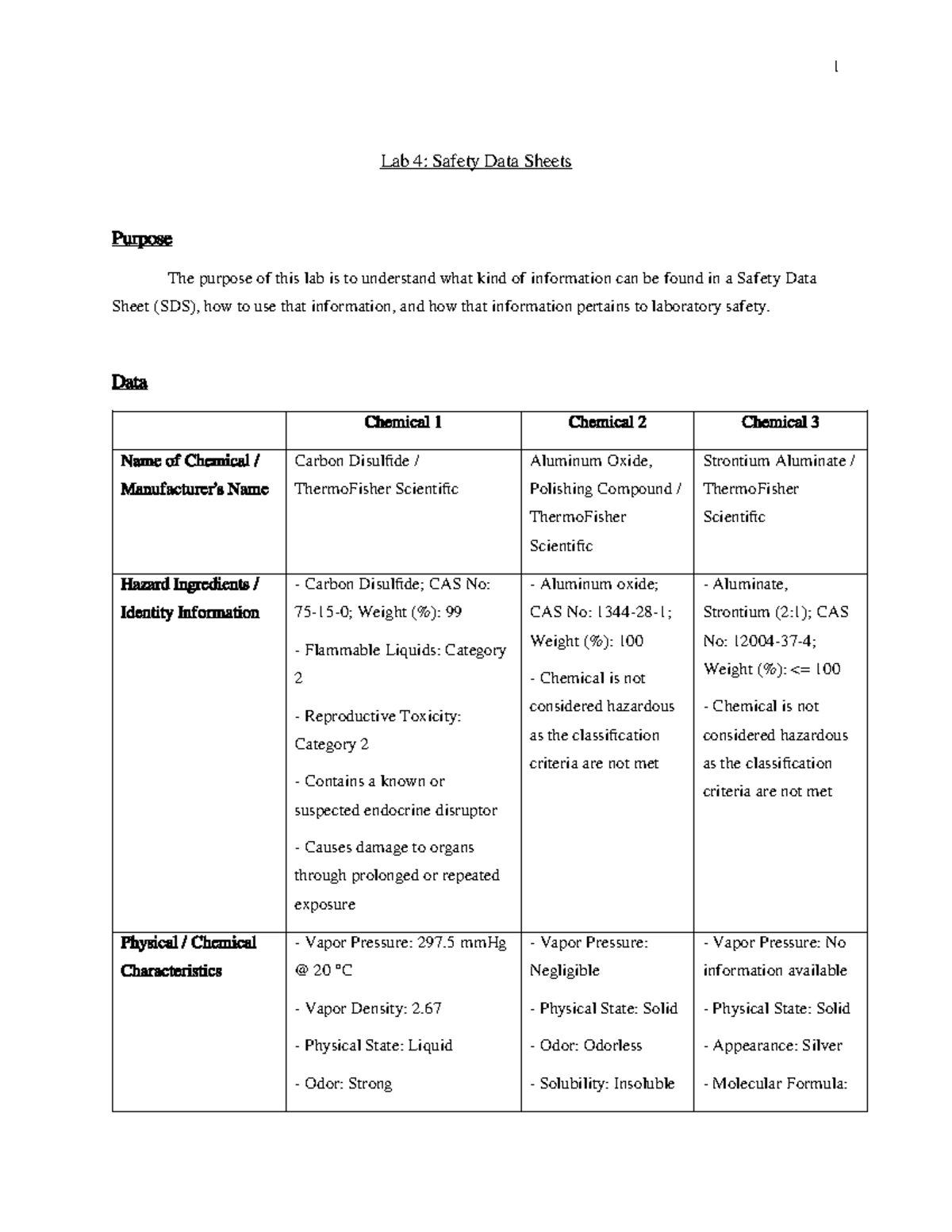 Lab 4 - CHM151LL LAB - Lab 4: Safety Data Sheets Purpose The purpose of ...
