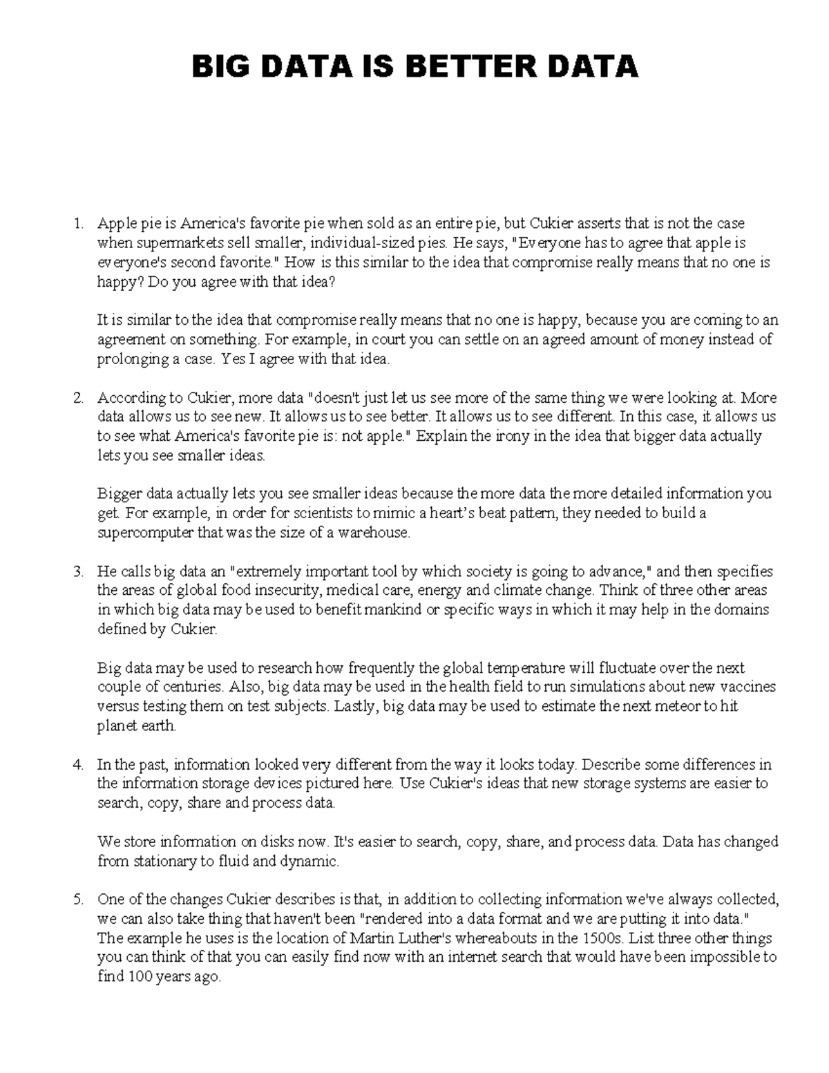 CIS 101 Big Data Worksheet.pdf - BIG DATA IS BETTER DATA Apple pie is ...