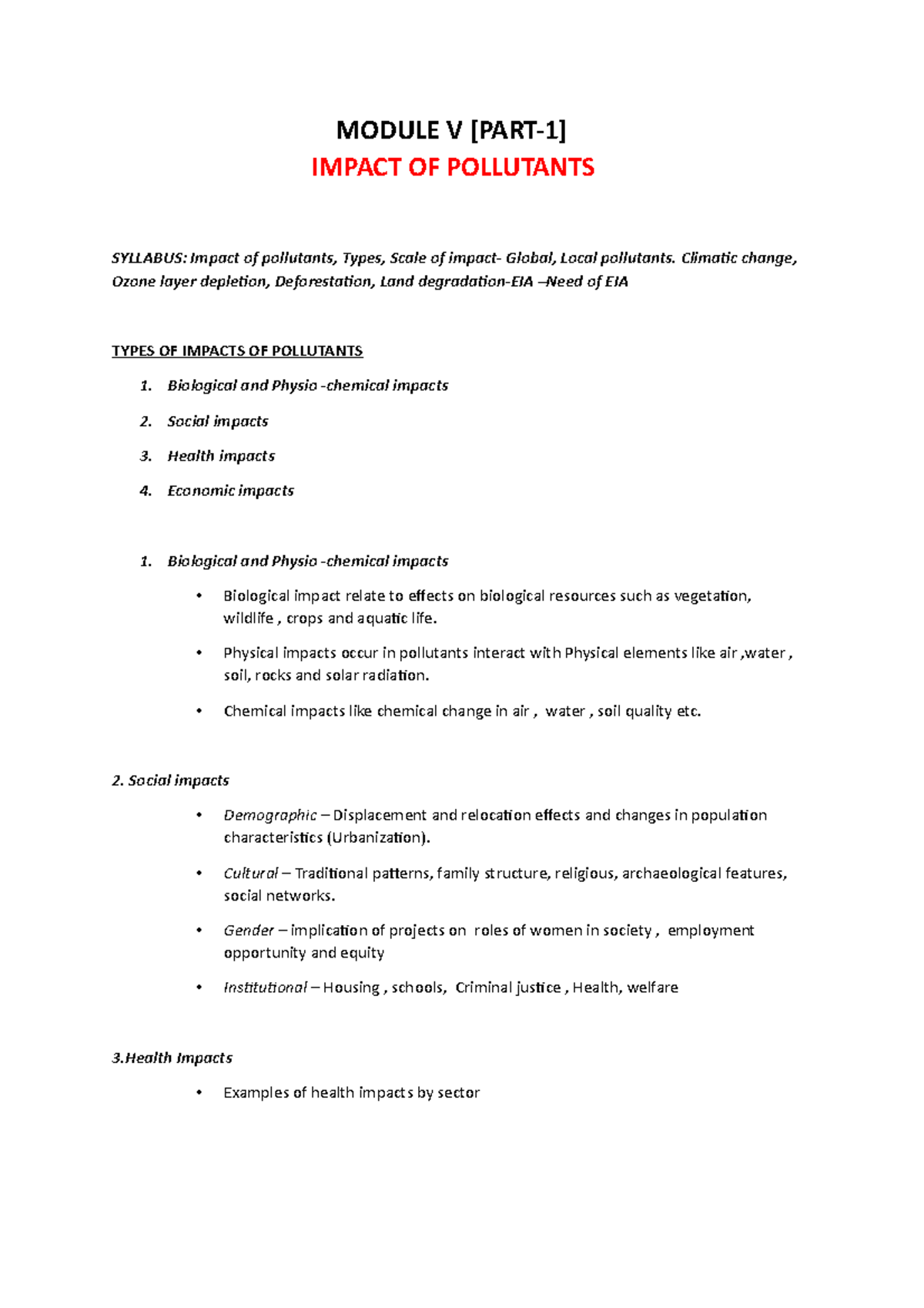 EIA- Module V-PART1 - MODULE V [PART-1] IMPACT OF POLLUTANTS SYLLABUS: Impact of pollutants ...