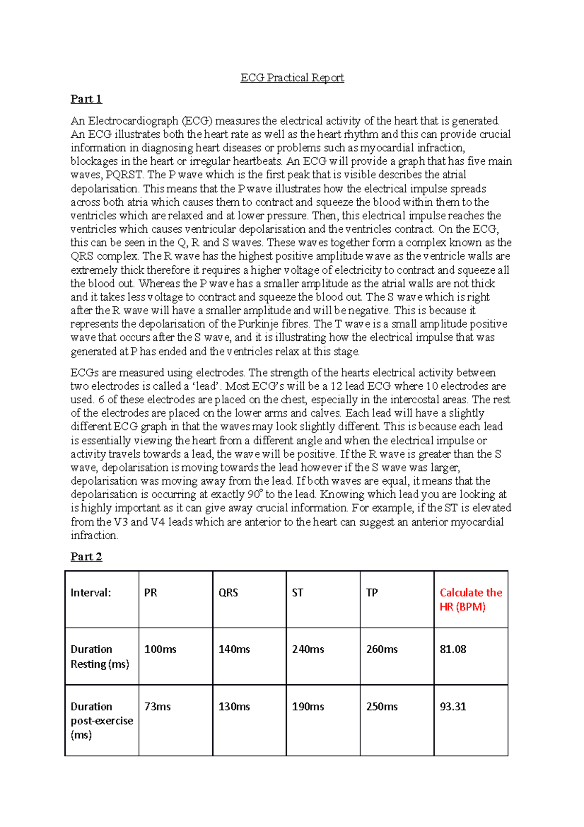ECG Practical Report - ECG Practical Report Part 1 An ...