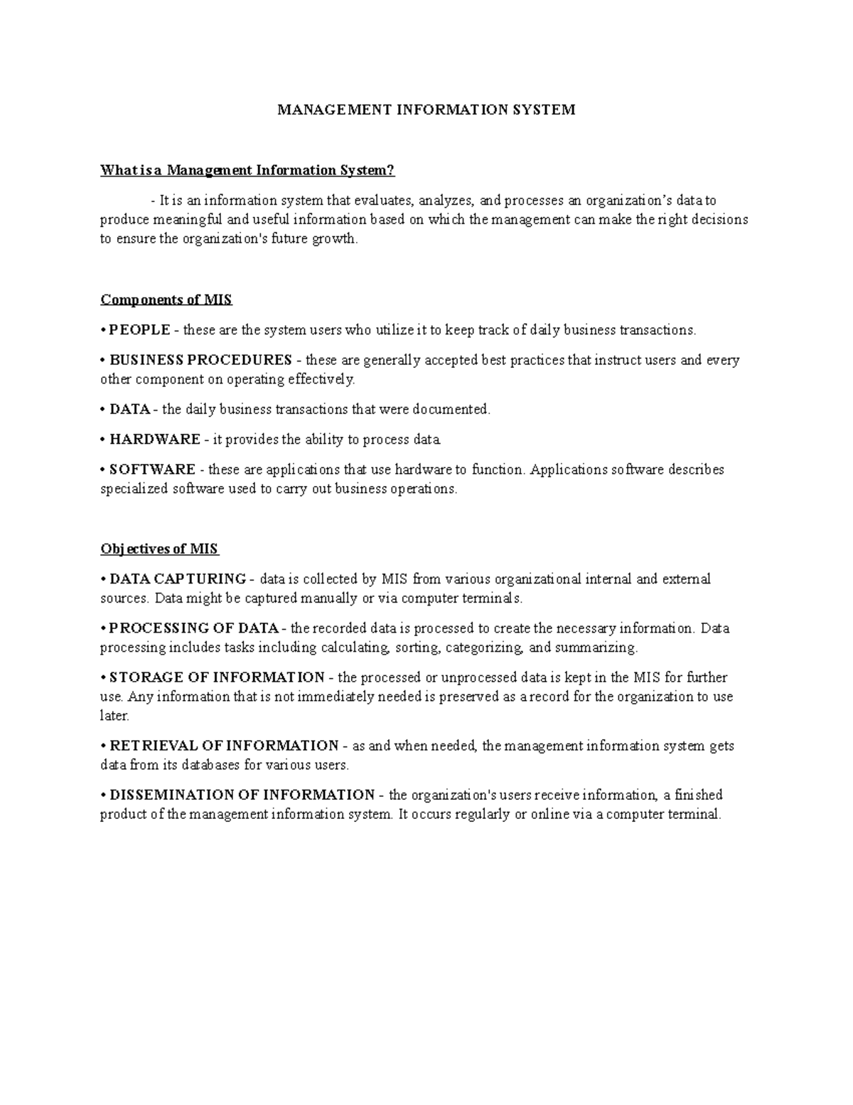 Management Information System Reference for Preliminary - MANAGEMENT ...