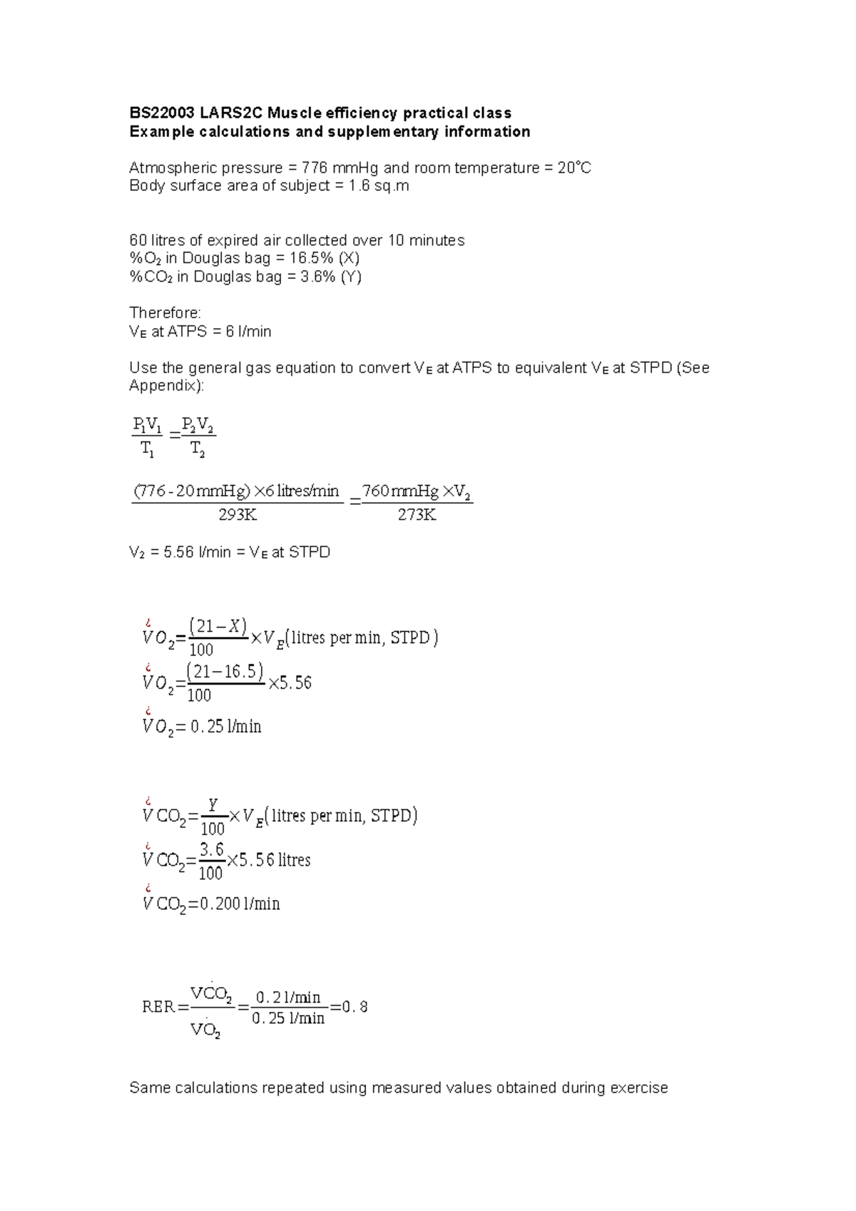 Muscle efficiency practical class example calcs and supplementary info ...