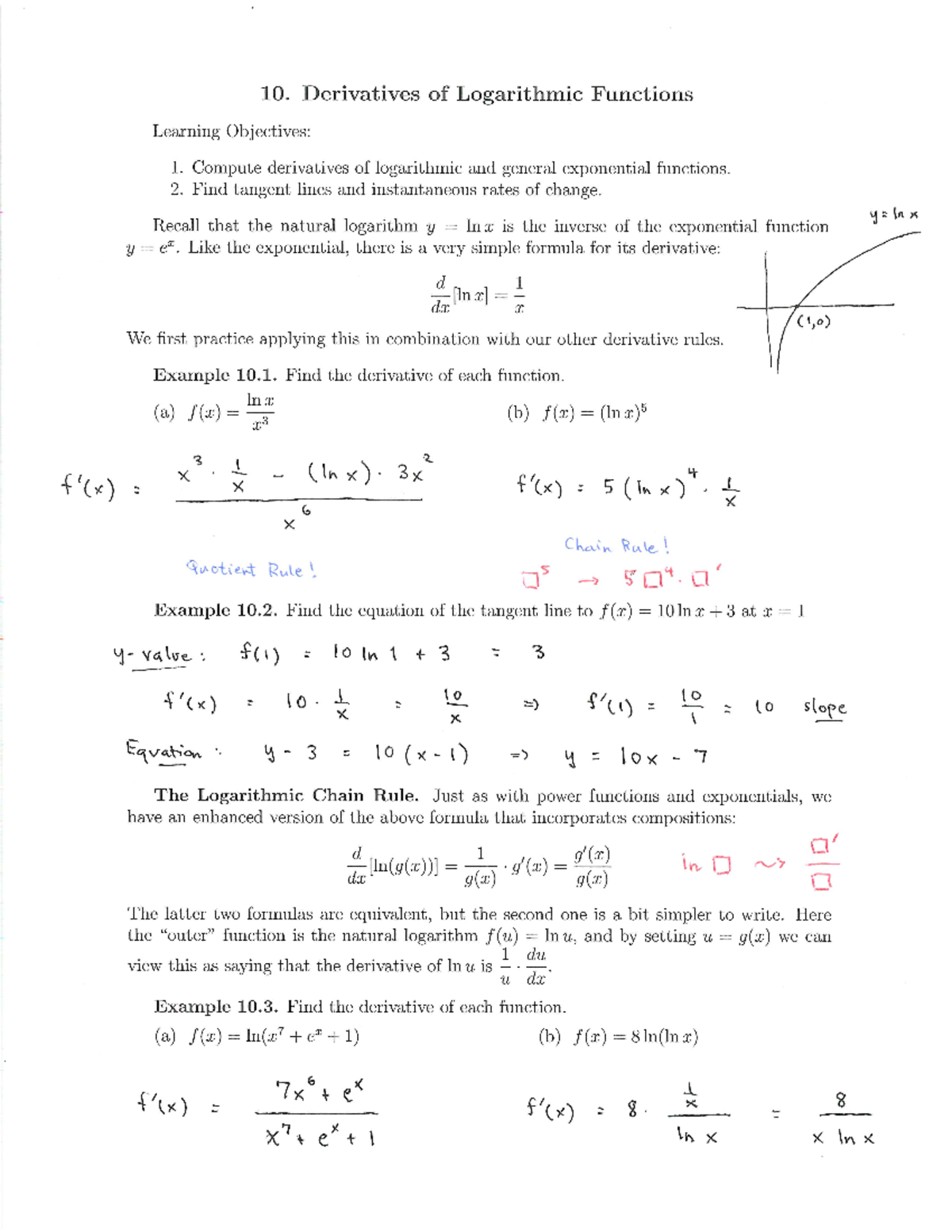 Section 10 notes - Derivatives of Logarithmic Functions - 10 ...