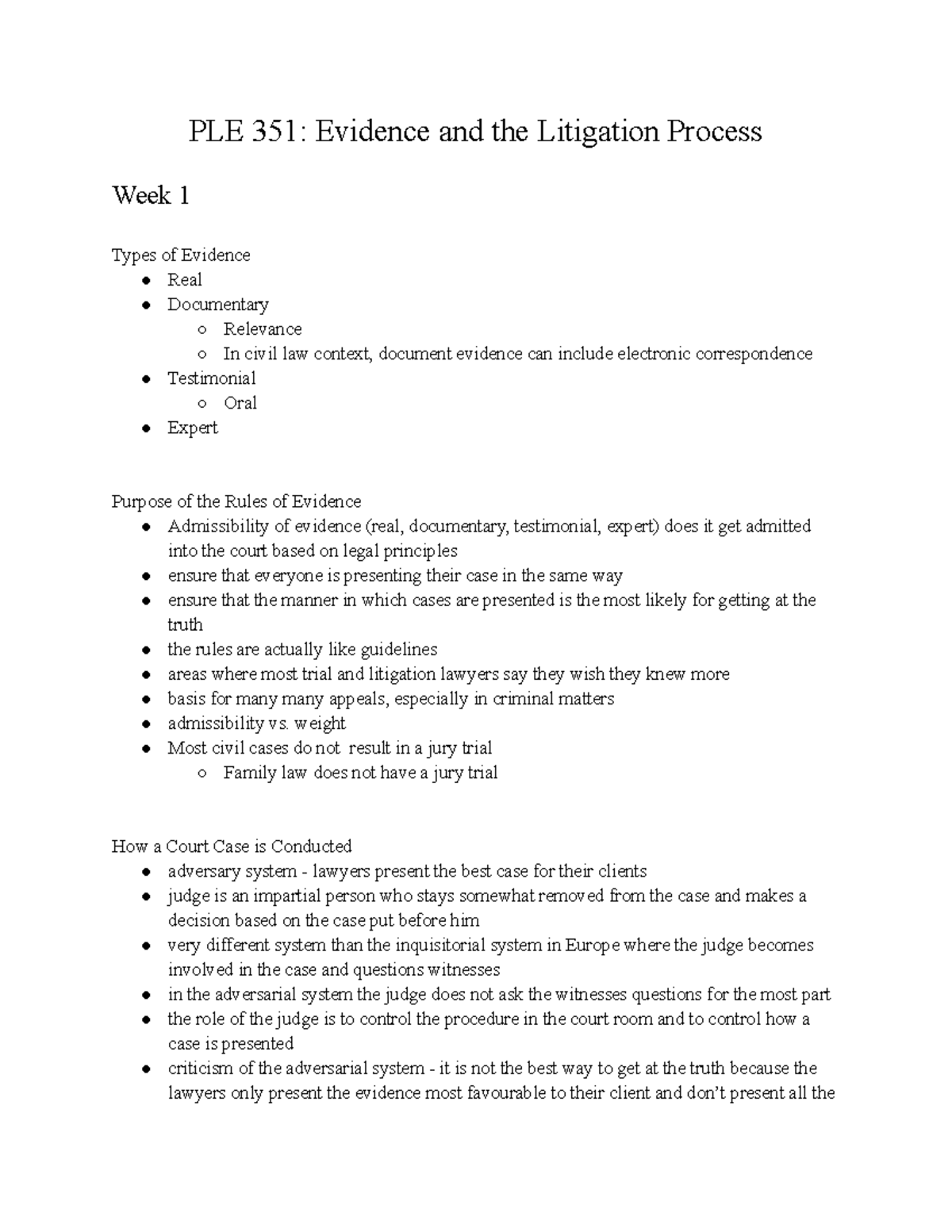 PLE 351 - 2 weeks of lecture notes - PLE 351: Evidence and the ...