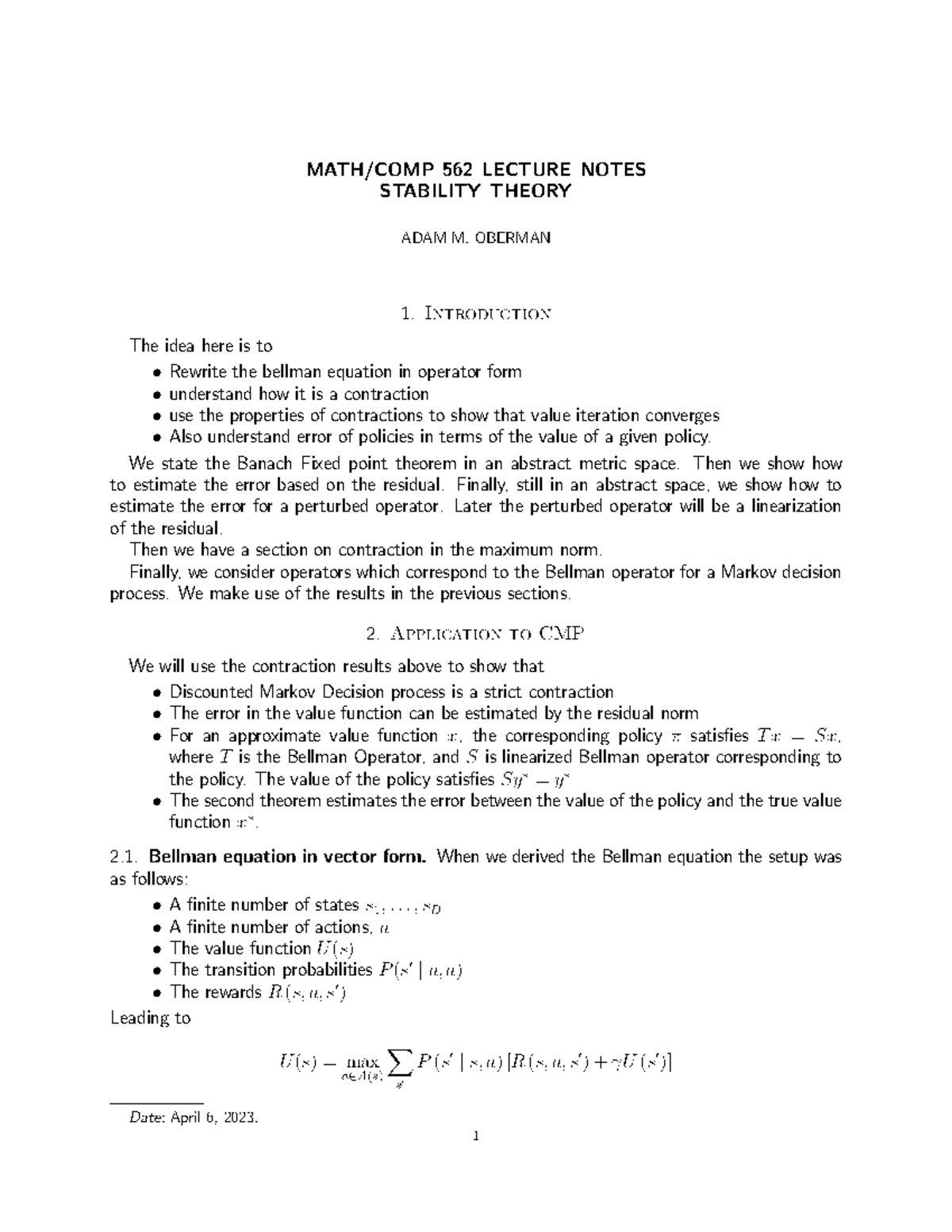 MC 562 MDP - Lecture Notes Stability Theory - MATH/COMP 562 LECTURE ...