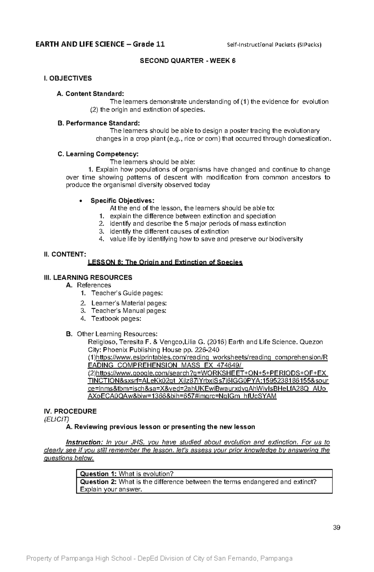 WEEK 6 - lecture - 39 SECOND QUARTER - WEEK 6 I. OBJECTIVES A. Content ...