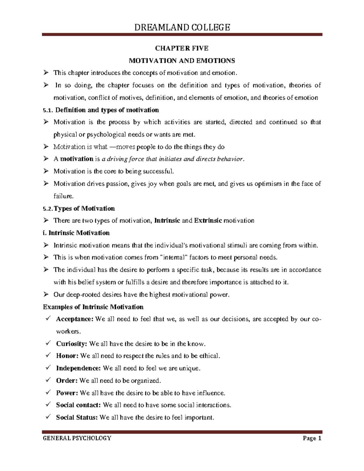 General Psychology Chapter FIVE - CHAPTER FIVE MOTIVATION AND EMOTIONS ...