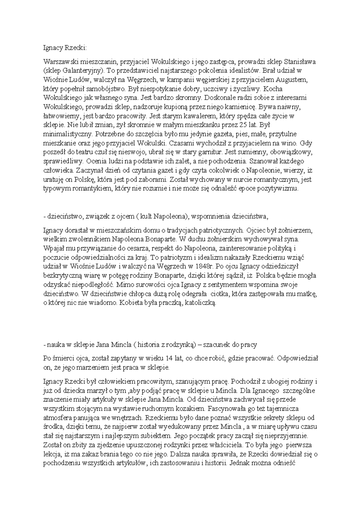 Ignacy Rzecki- charakterystyka postaci - Ignacy Rzecki: Warszawski ...