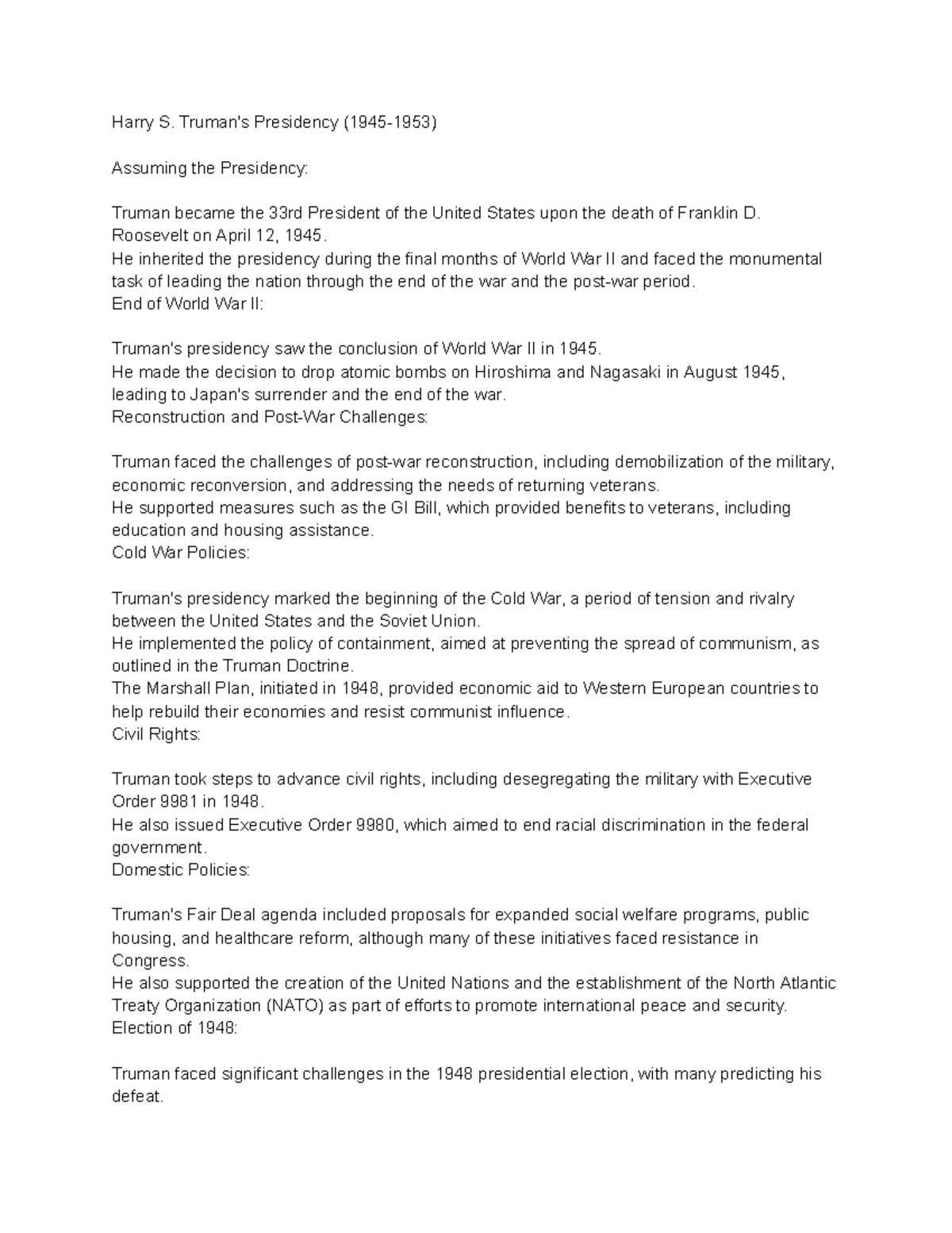 Harry S Truman Notes - Harry S. Truman's Presidency (1945-1953 ...