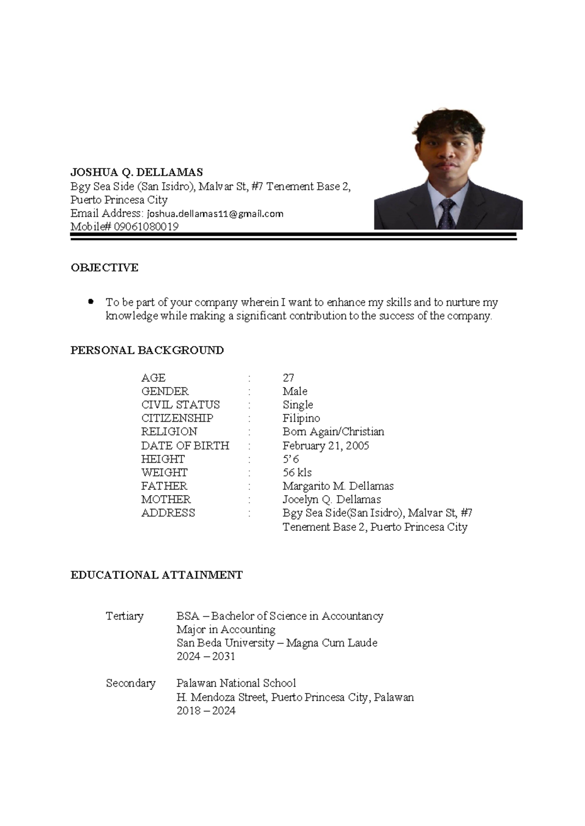 JOSH- Resume - For my assignments - JOSHUA Q. DELLAMAS Bgy Sea Side ...