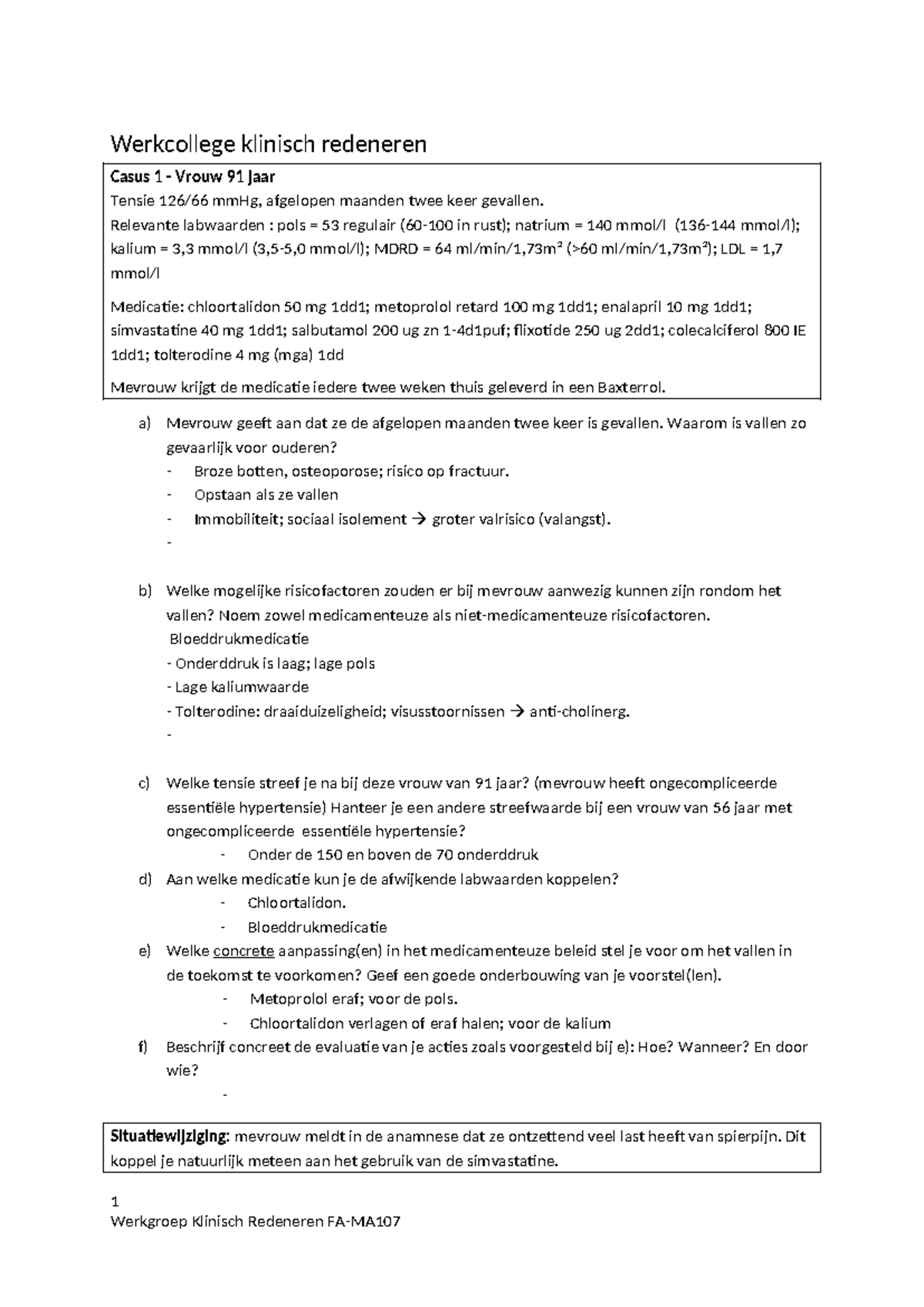 Werkgroep Klinisch redeneren - Werkcollege klinisch redeneren Casus 1 ...