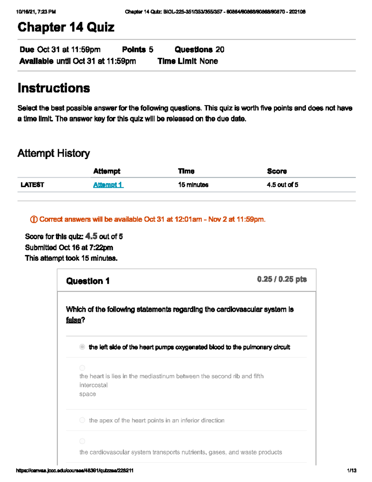 Chapter 14 Quiz answers - BIOL 225 - JCCC - Studocu