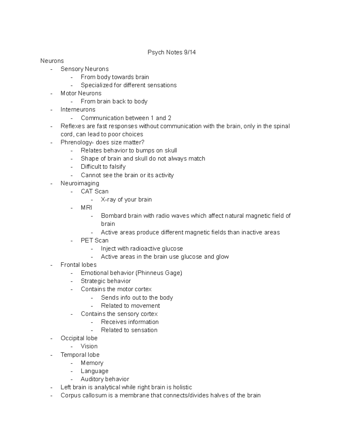 Psych Notes 9 14 - Psych Notes 9/ Neurons Sensory Neurons From body ...