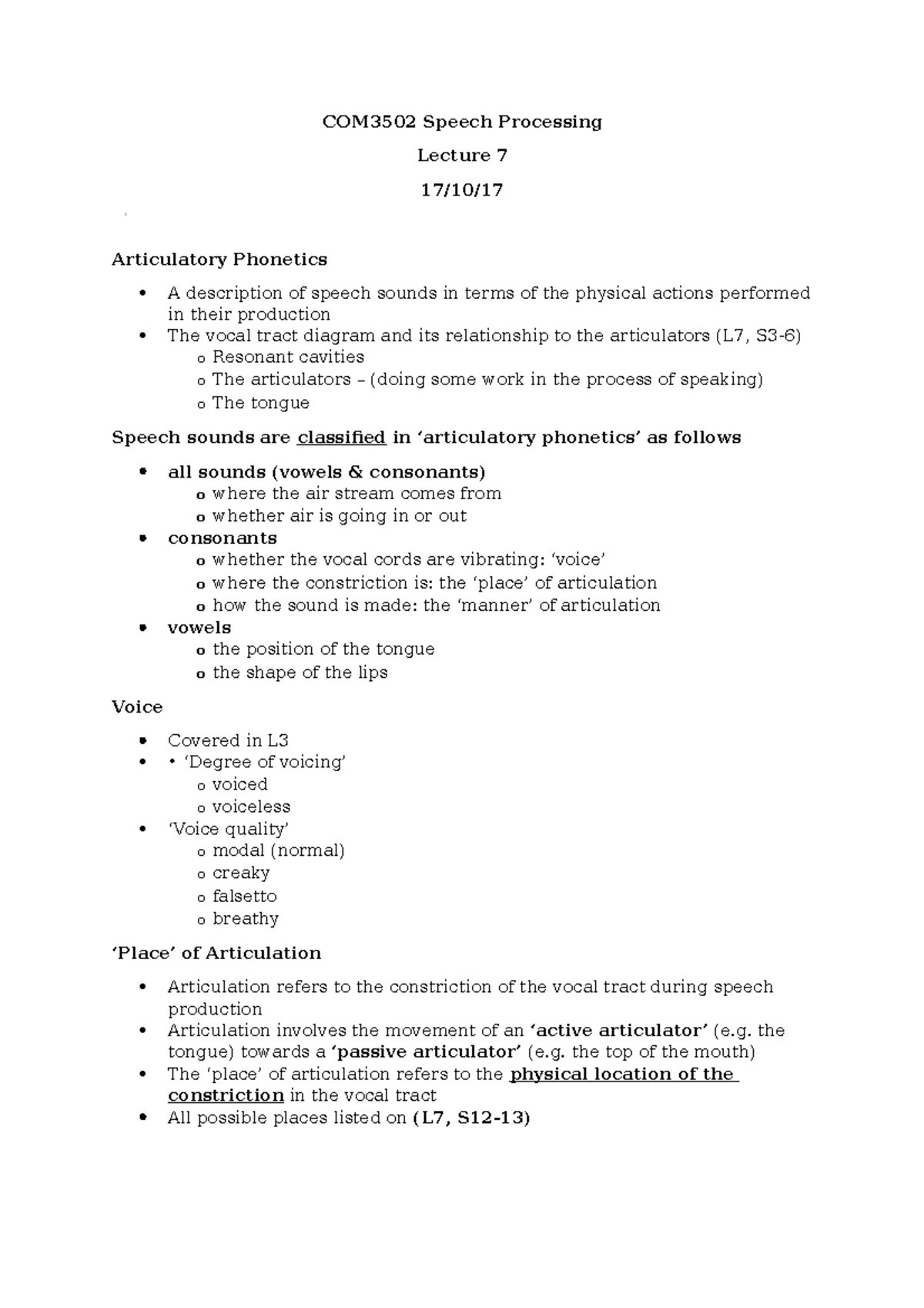Lecture 7 - Speech Processing - COM3502 Speech Processing Lecture 7 17/10/ Articulatory ...