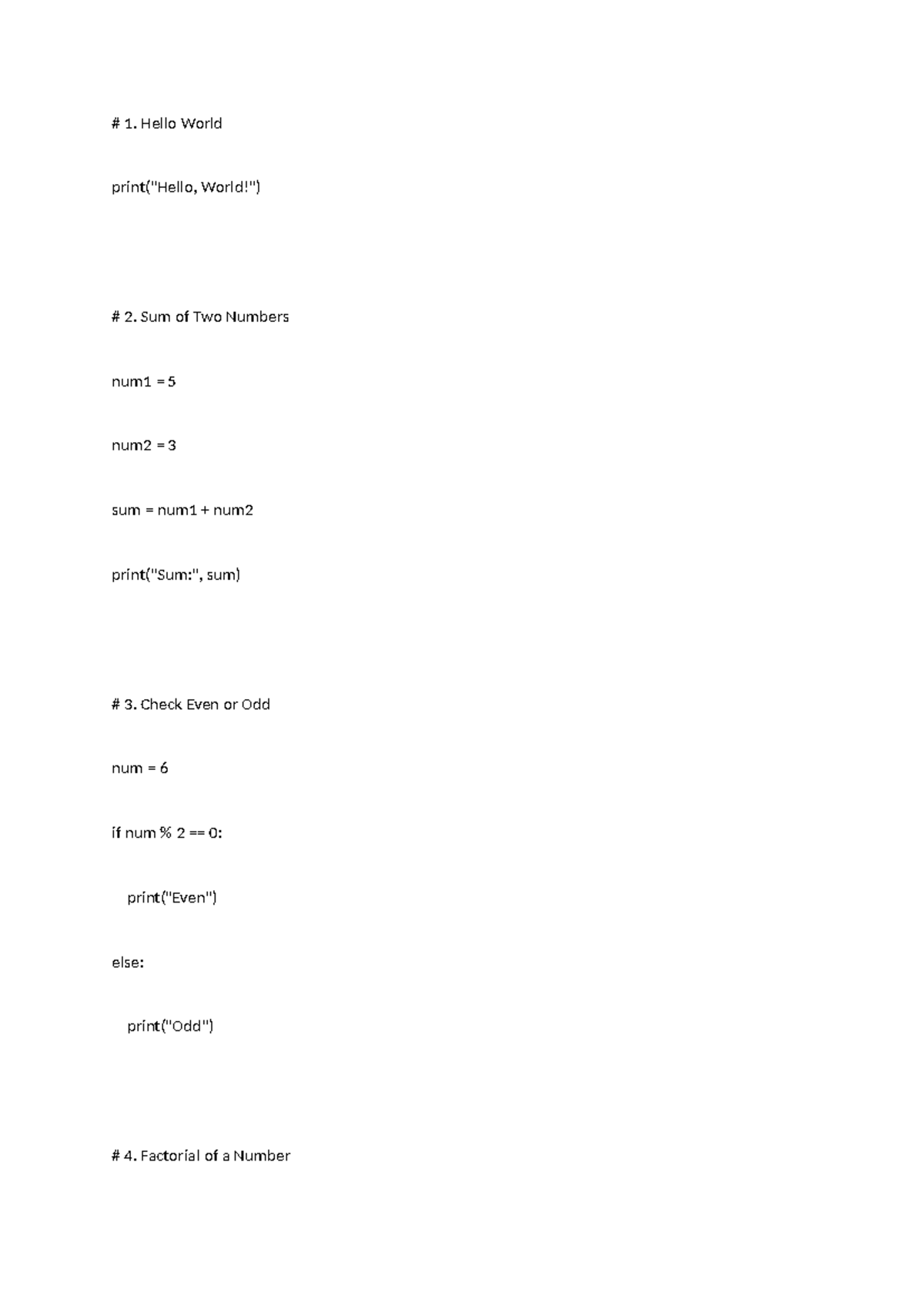 Python Programming (21) - EXS3EPP - 1. Hello World print("Hello, World!") 2. Sum of Two - Studocu