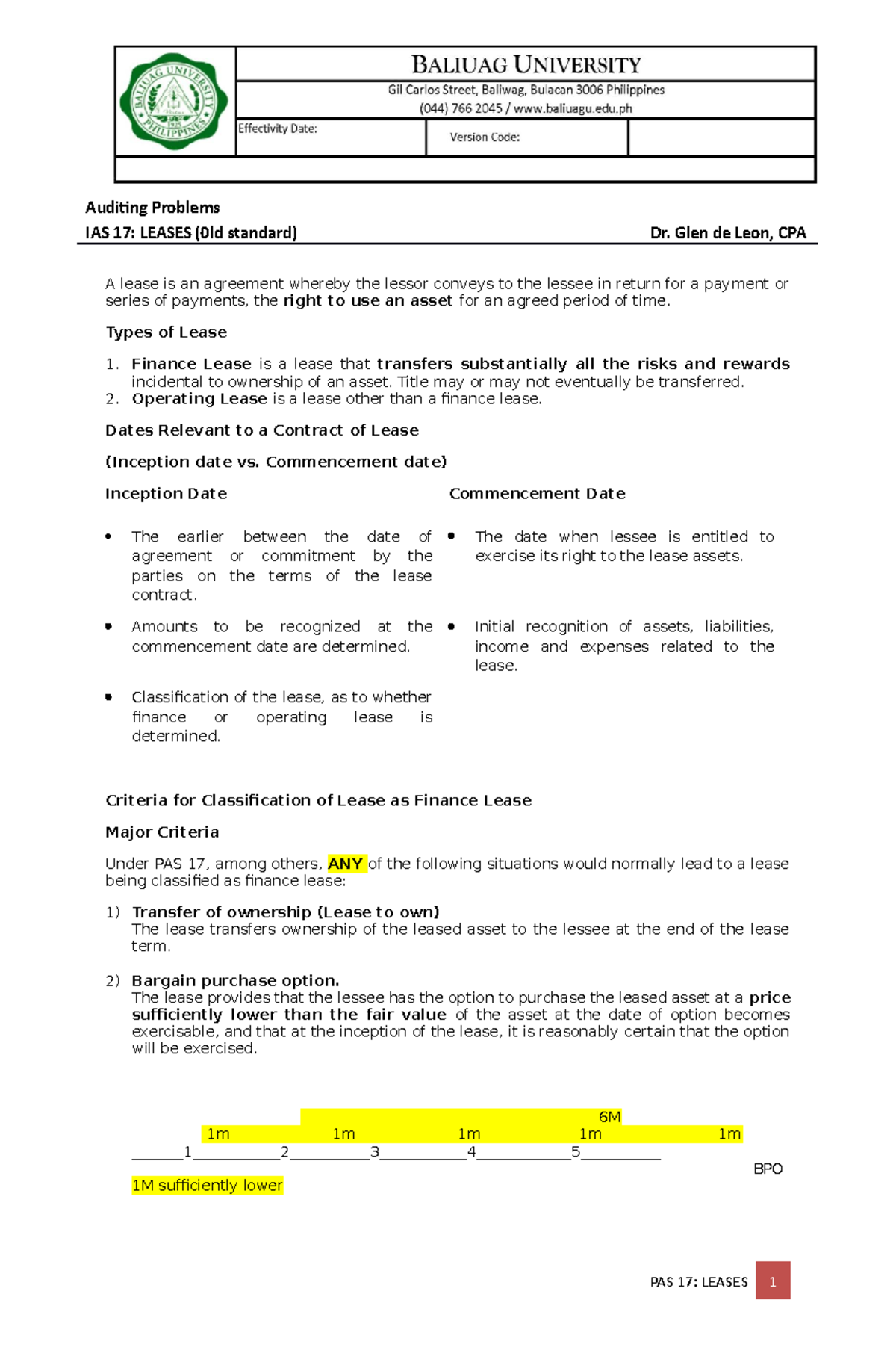Module 1 PAS 17 Leases Synchronous - Auditing Problems IAS 17: LEASES ...
