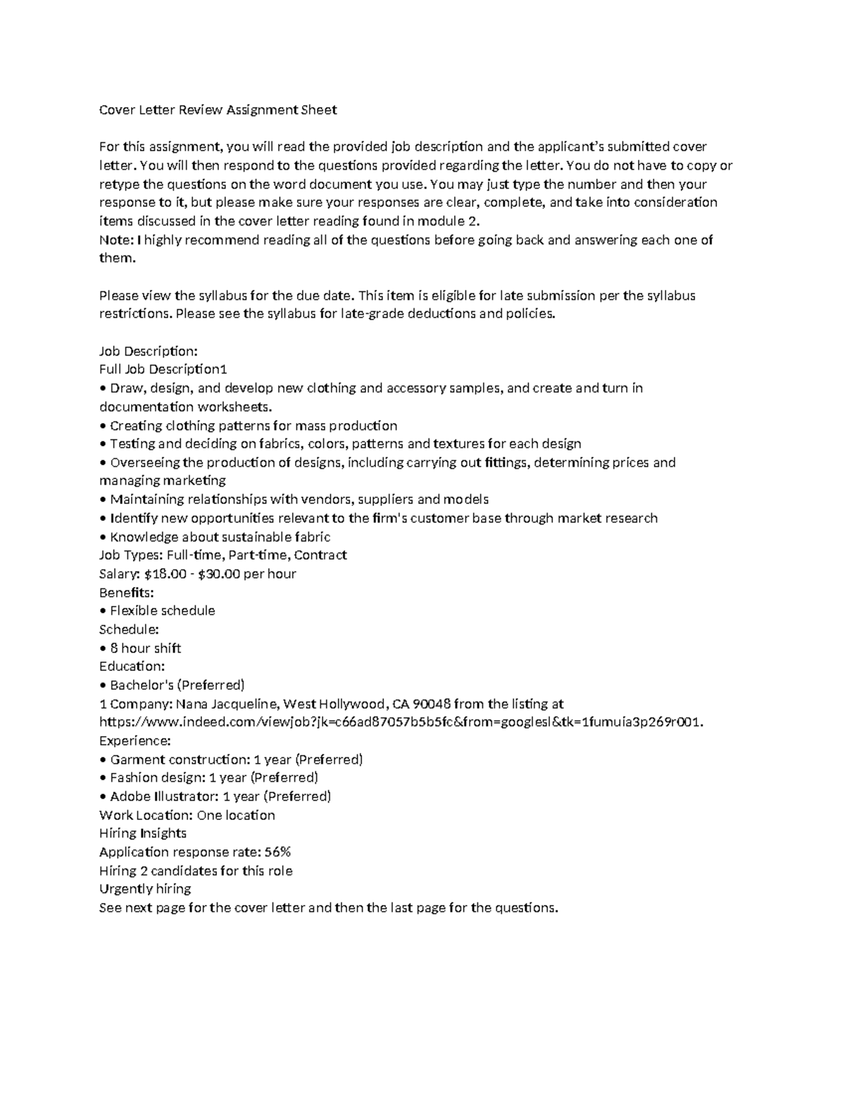 Cover Letter Review Assignment Sheet 1 - You will then respond to the ...