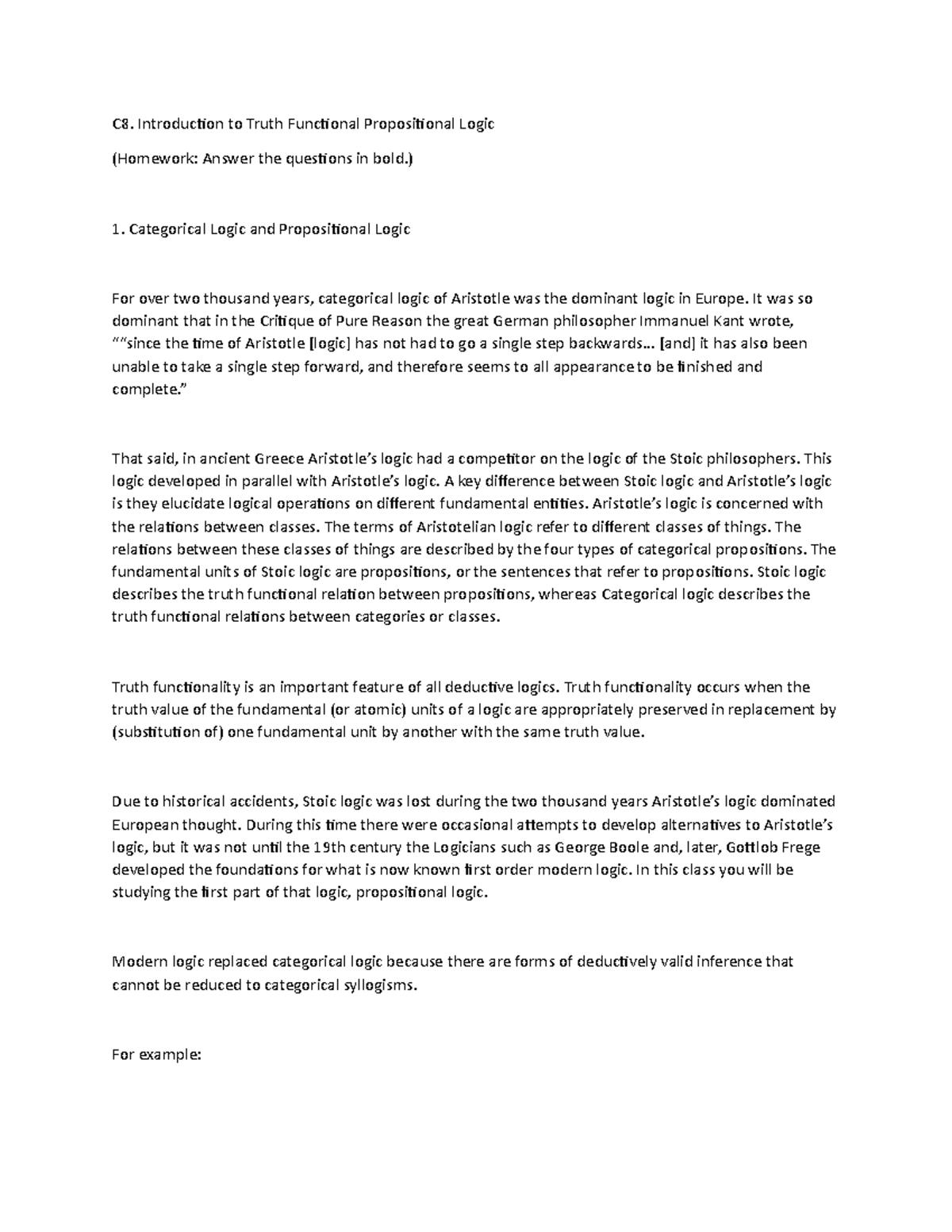 Philosophy chapter 8 - C8. Introduction to Truth Functional ...