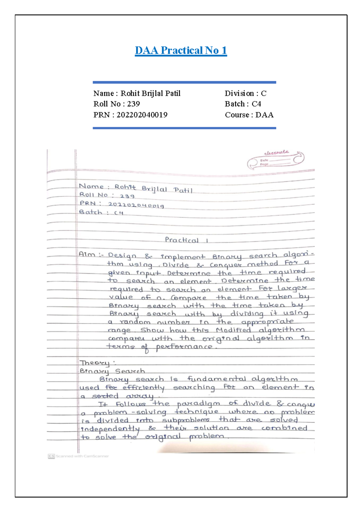 239 Daa Assignment 1 Design Analysis And Algorithm Daa Practical No 1 Name Rohit Brijlal