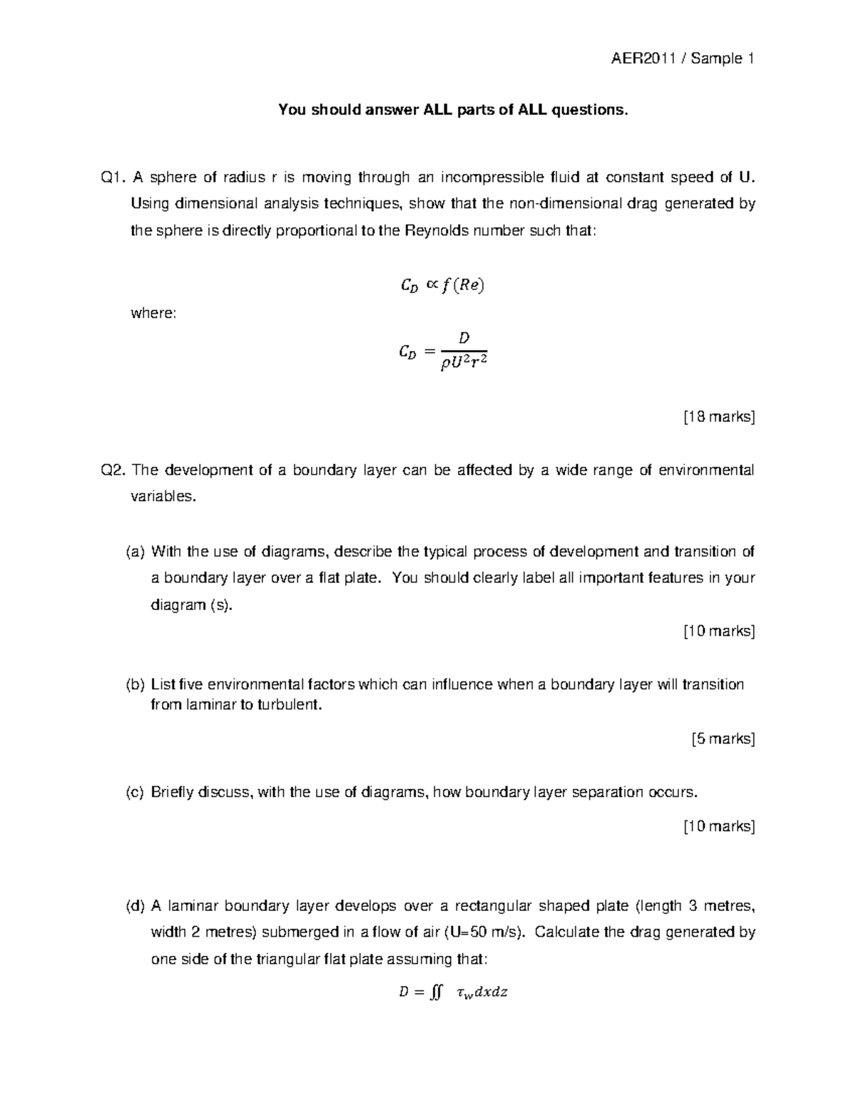 AER2011 Sample 1 - AER2011 / Sample 1 You should answer ALL parts of ...