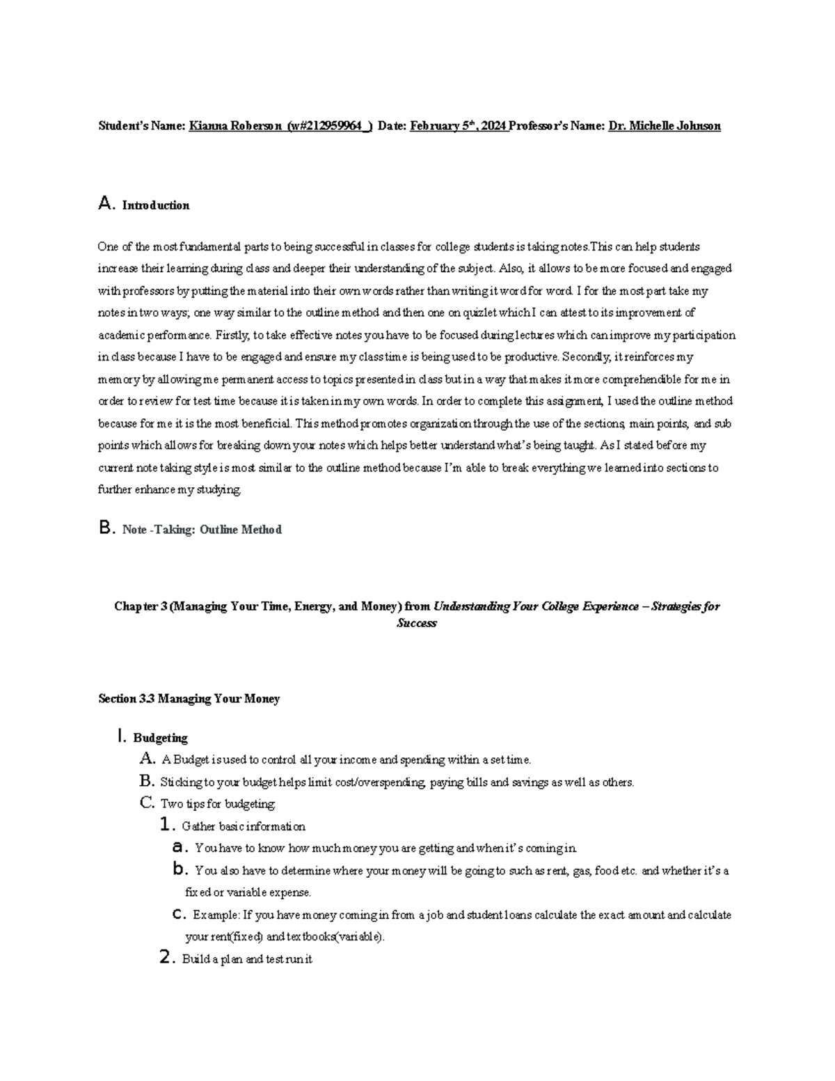 Note Taking Assignment copy - Student’s Name: Kianna Roberson (w ...
