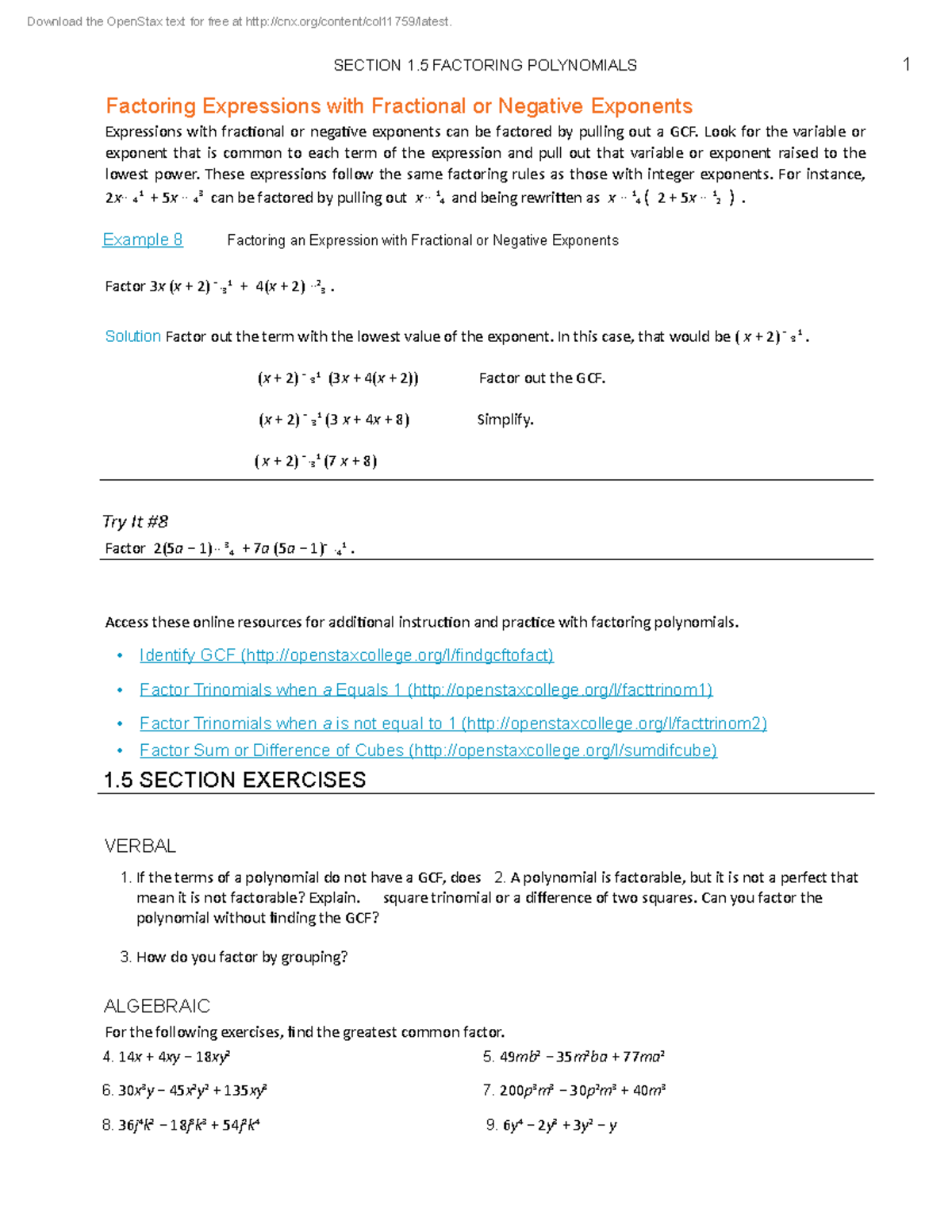 Factoring Expressions with Fractional or Negative Exponents - SECTION 1 ...