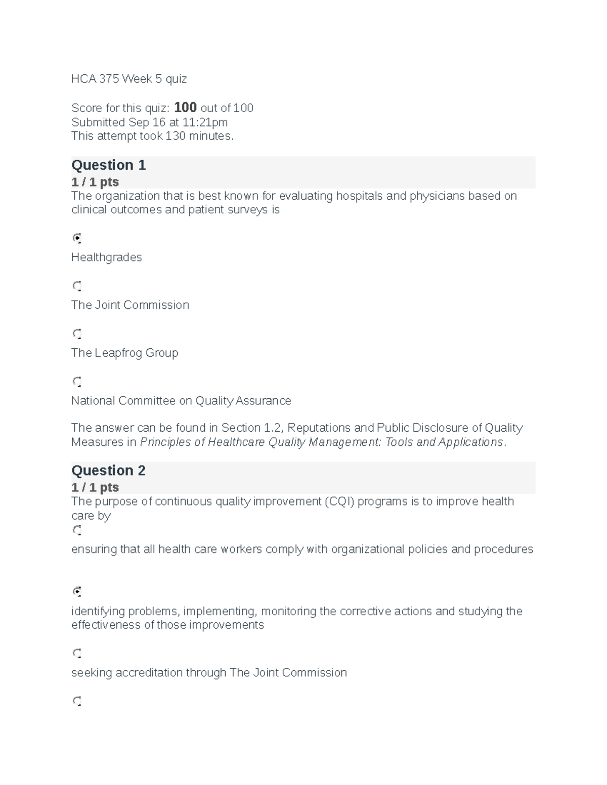 HCA 375 Week 5 Quiz - HCA 375 Week 5 Quiz - HCA 375 Week 5 quiz Score for this quiz: 100 out of ...