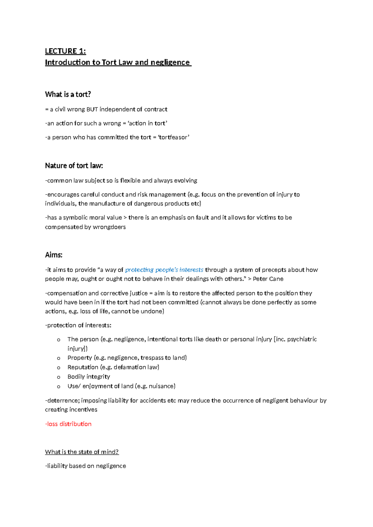 1 introduction to tort and negligence - LECTURE 1: Introduction to Tort ...