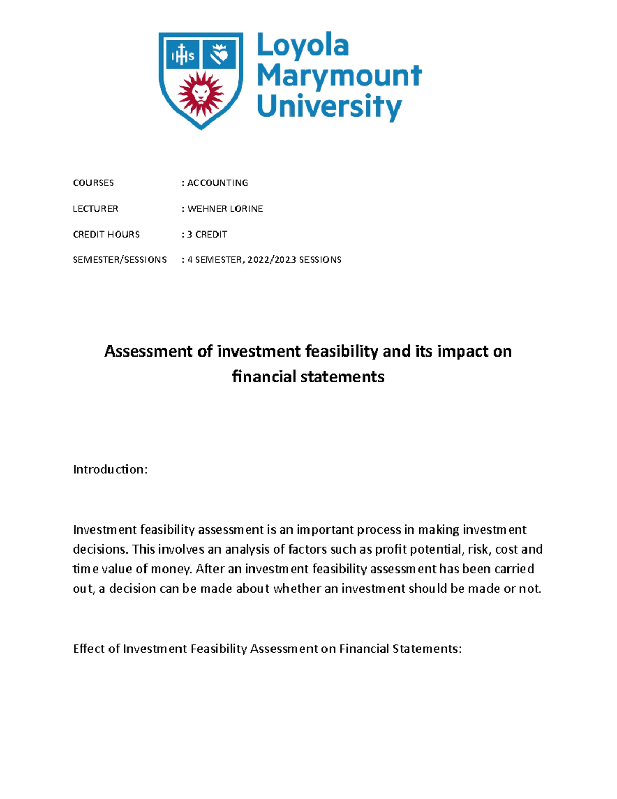 Assessment of investment feasibility and its impact on financial ...
