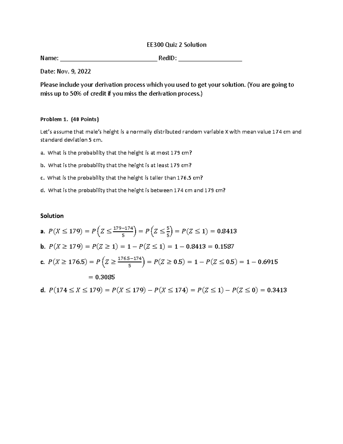 Quiz 2 solution - EE300 Quiz 2 Solution Name ...