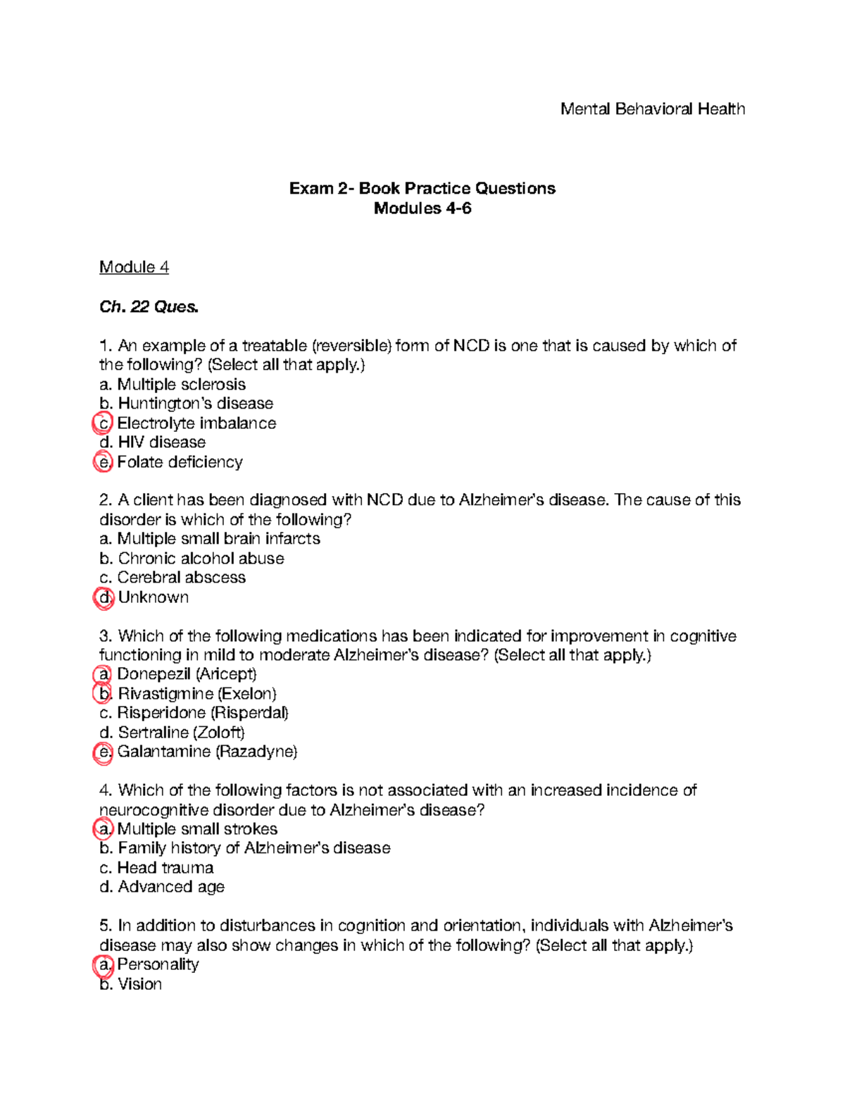 MBH- Exam 2 Book Practice Questions - Mental Behavioral Health Exam 2 ...
