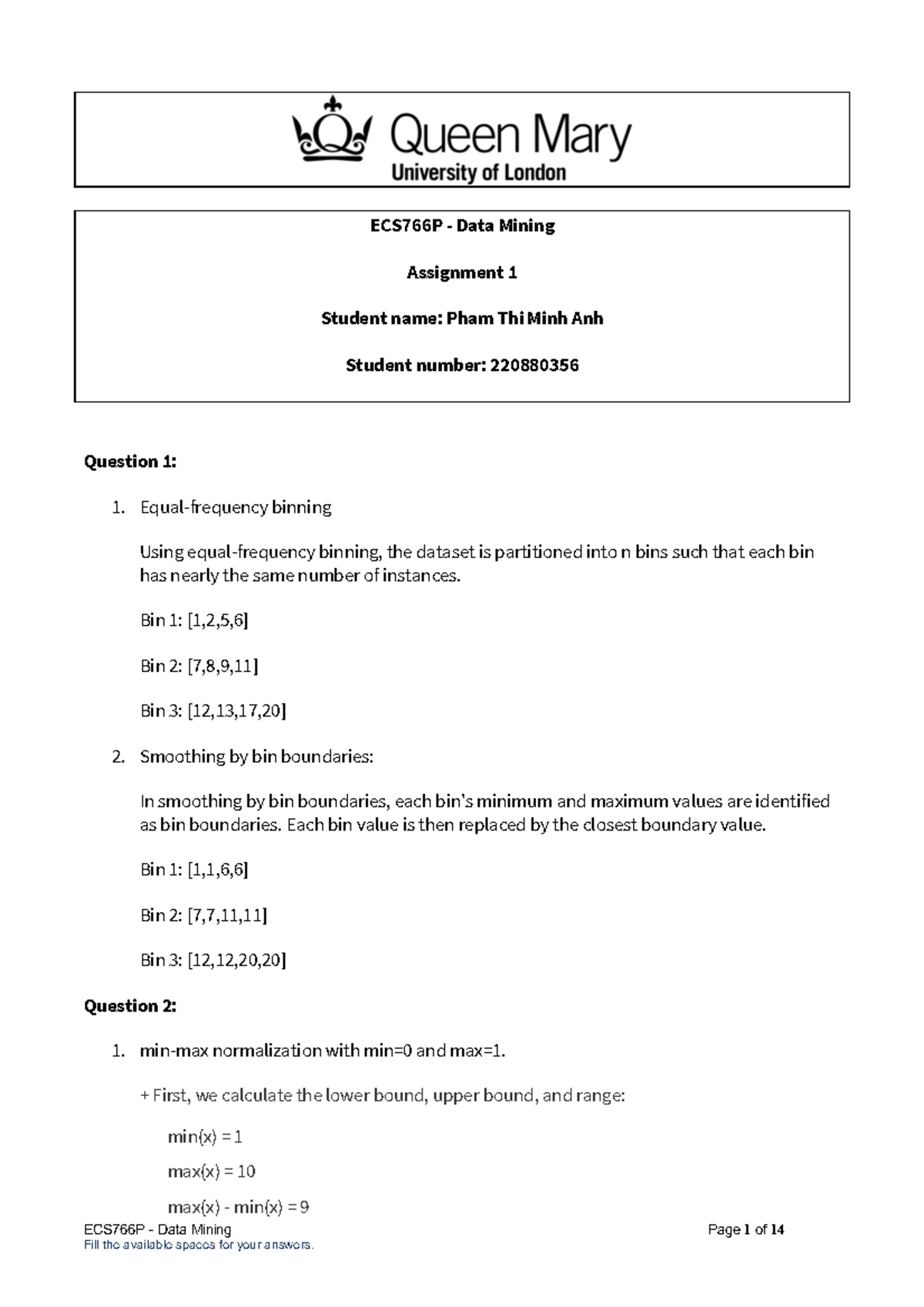 Assignment 1 Pham Thi Minh Anh 220880356 Ecs766p Data Mining Page 1 Of 14 Ecs766p Data