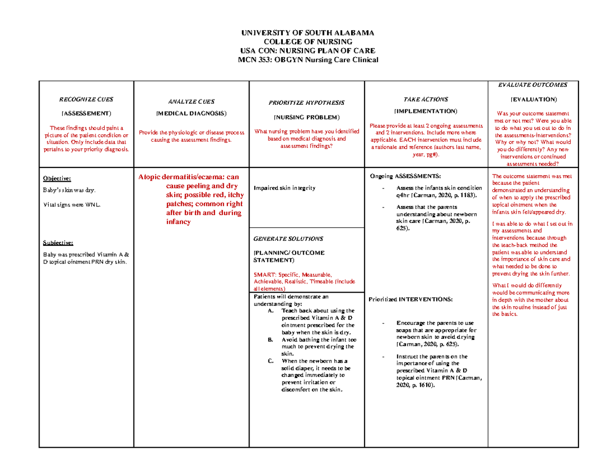 OB Care Plan 2 - Study notes - UNIVERSITY OF SOUTH ALABAMA COLLEGE OF ...