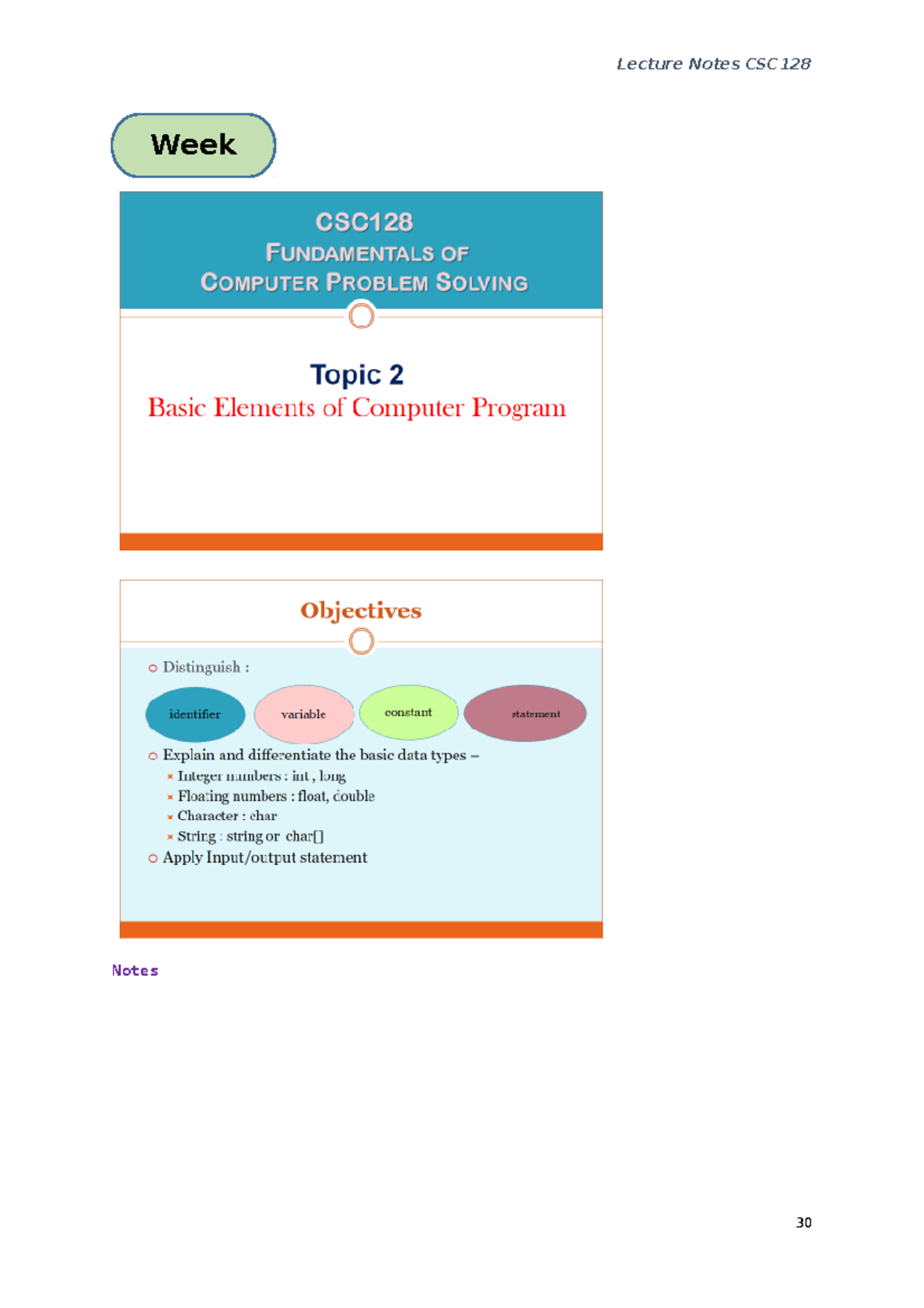 Topic 2 week3 - Notes Week Notes - Lab Exercise Define identifier ...